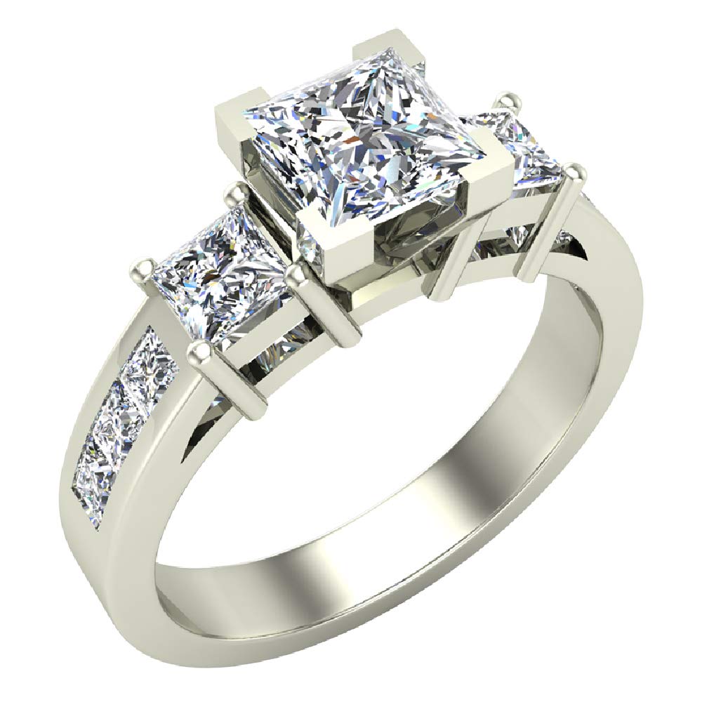 Glitz Design Past Present Future Three Stone Princess Cut Diamond Engagement Ring 1.80 carat total weight 18K White Gold (G,SI) (RS 7)