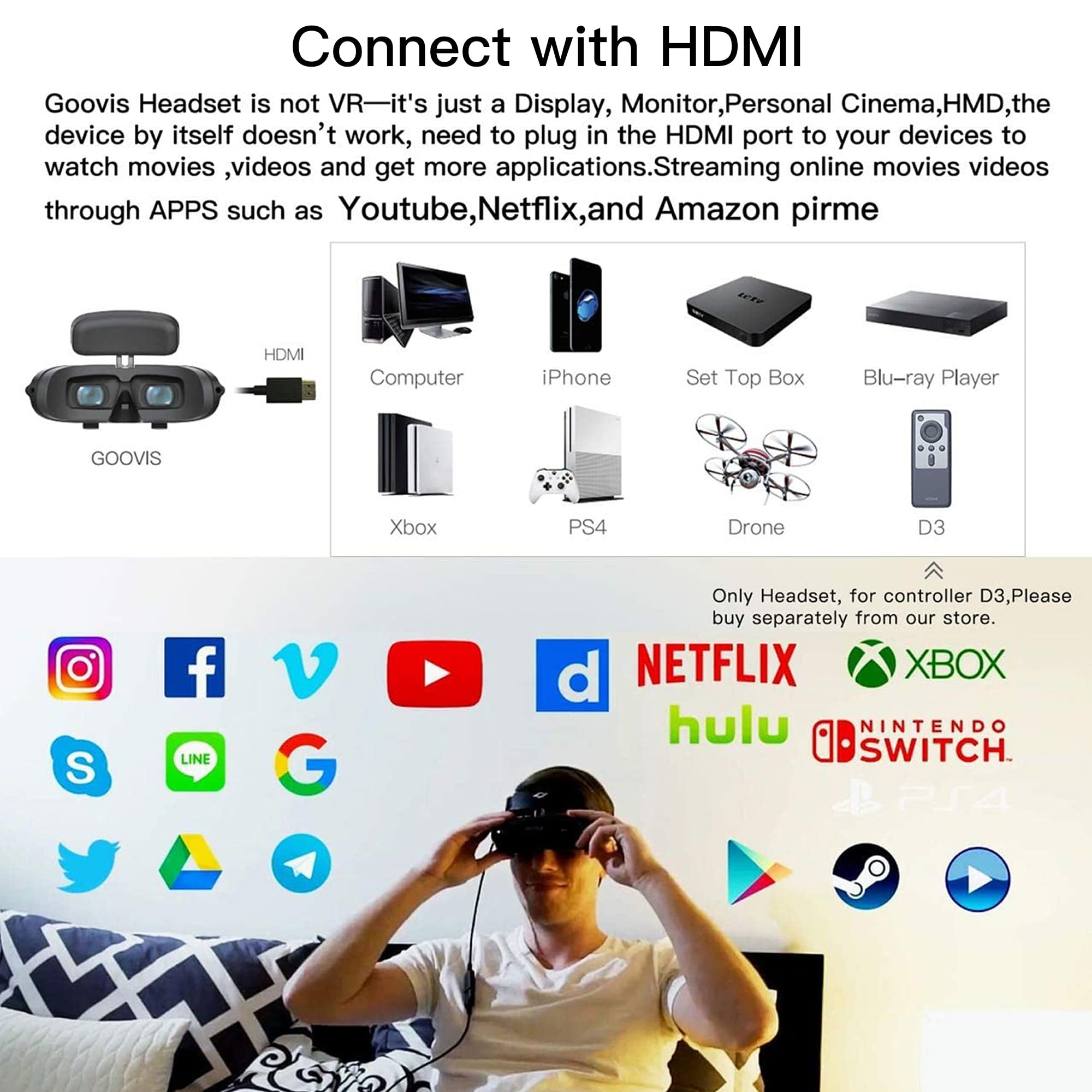Goovis PC Virtual Headsets, Mobile 3D VR Movies Cinema with Media Player,HDMI Streaming Media Player,Bluetooth 4.1 Media Player Controller