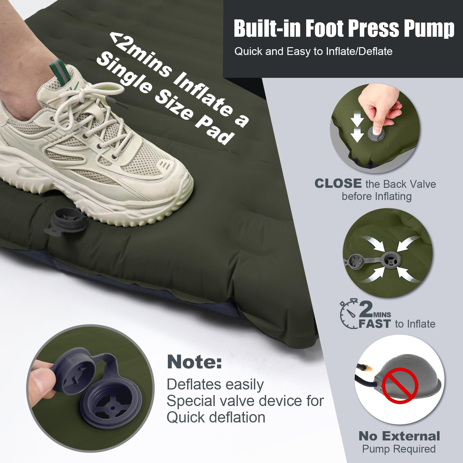 GGOV Double Sleeping Pad for Camping with Built-in Foot Pump, Extra Thick 4.7 Inch Inflatable Sleeping Pat and Pillow for Backpacking, Hiking, and Traveling