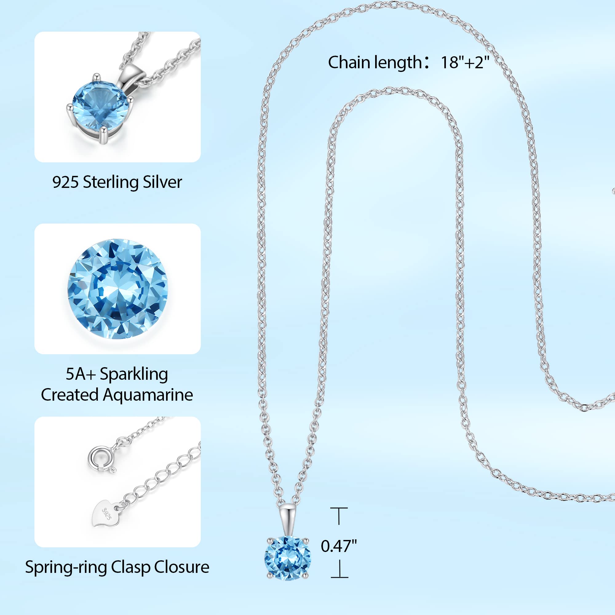 Gloffery 925 Sterling Silver Tiny Dainty Necklace, Aquamarine-Topaz-Blue Round Cut Pendant Necklace, Hypoallergenic Necklace, Sterling Silver, created spinel