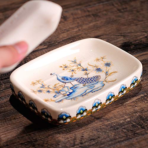 Kelake Ceramic Soap Dish, Ice Crack Ceramic Peacock and Flower Soap Dish Holder for Bathroom, Creative Porcelain Shower Soap Tray Box Bath Accessories with Two Drain Holes