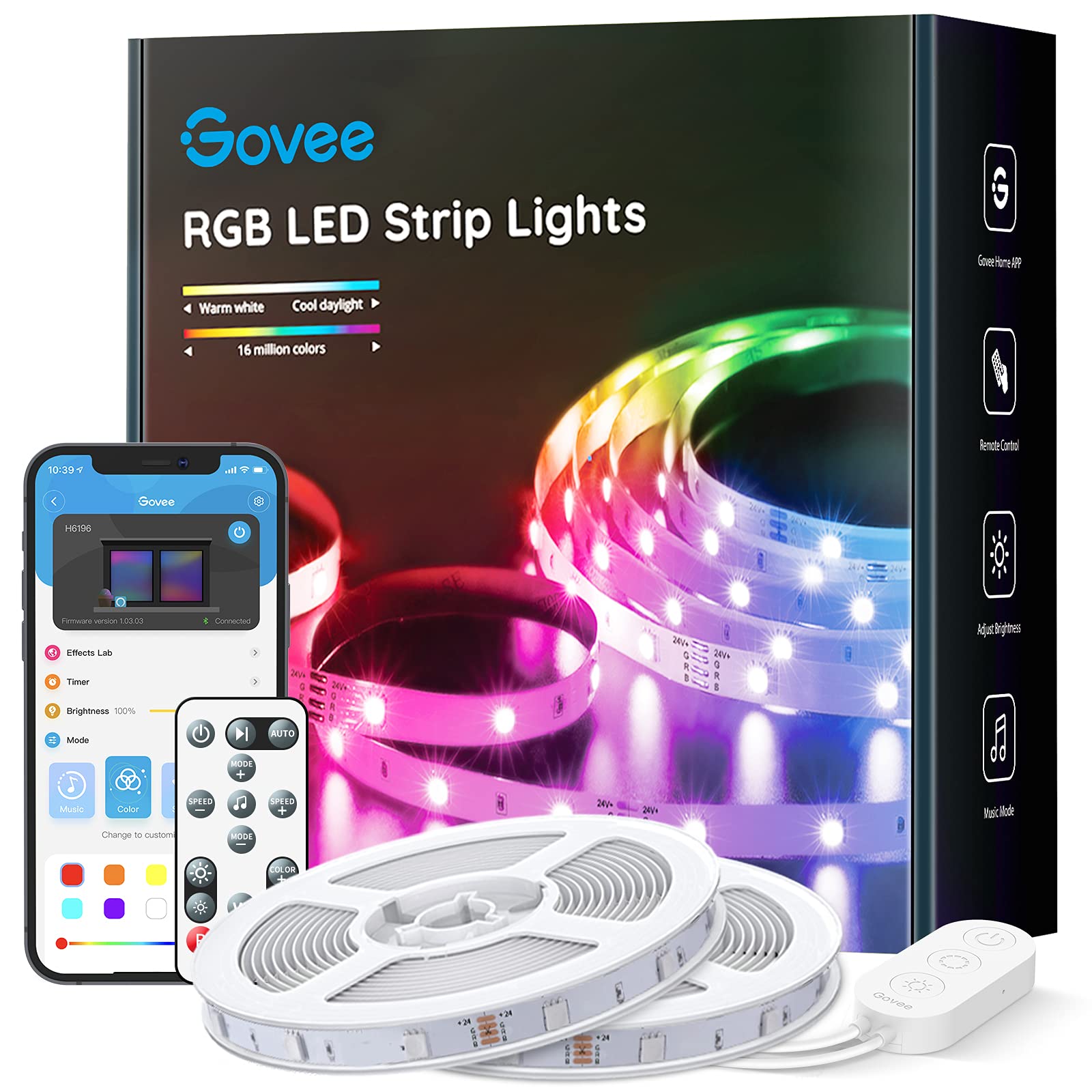Govee Bluetooth LED Strip Lights, 65.6ft RGB LED Light Strip, App and Remote Control Color Changing Lights with 64 Scene Modes and Music Sync for Bedroom, Room, Kitchen, Party (2 Rolls of 32.8ft)