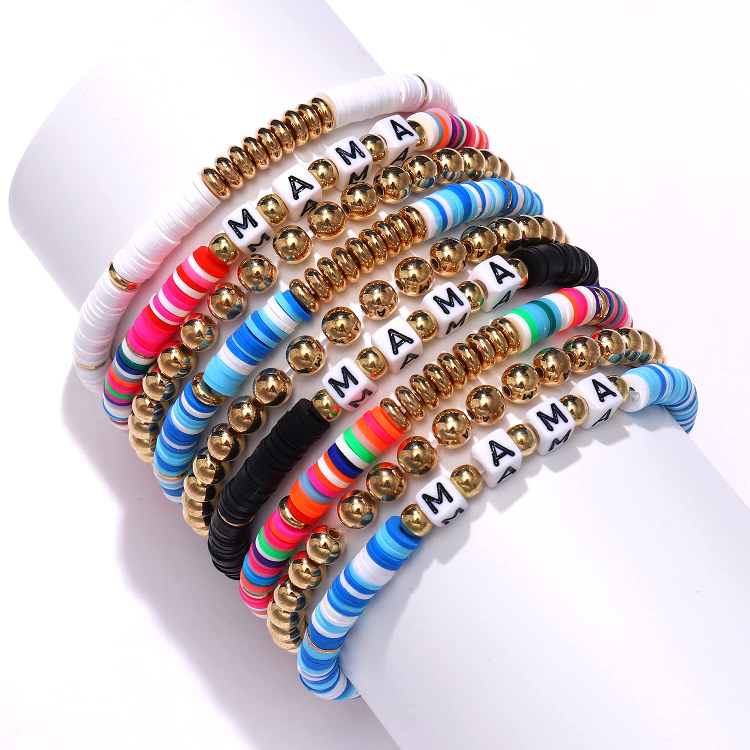 HZEYN MAMA Heishi Bracelet Set Stackable Heishi Clay Beaded Stretch Bracelet Preppy Jewelry Thanksgiving Gifts for Mother Colorful Blue