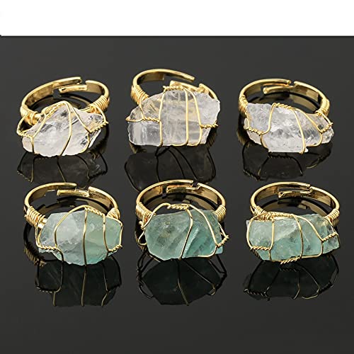 Healing Chakra Crystal Ring Handmade Wire Wrap Natural Rock Rings Adjustable Natural Crystal Original Stone Ring Retro Gemstone Opening Wired Wrapped Rings Jewelry-Green Fluorite