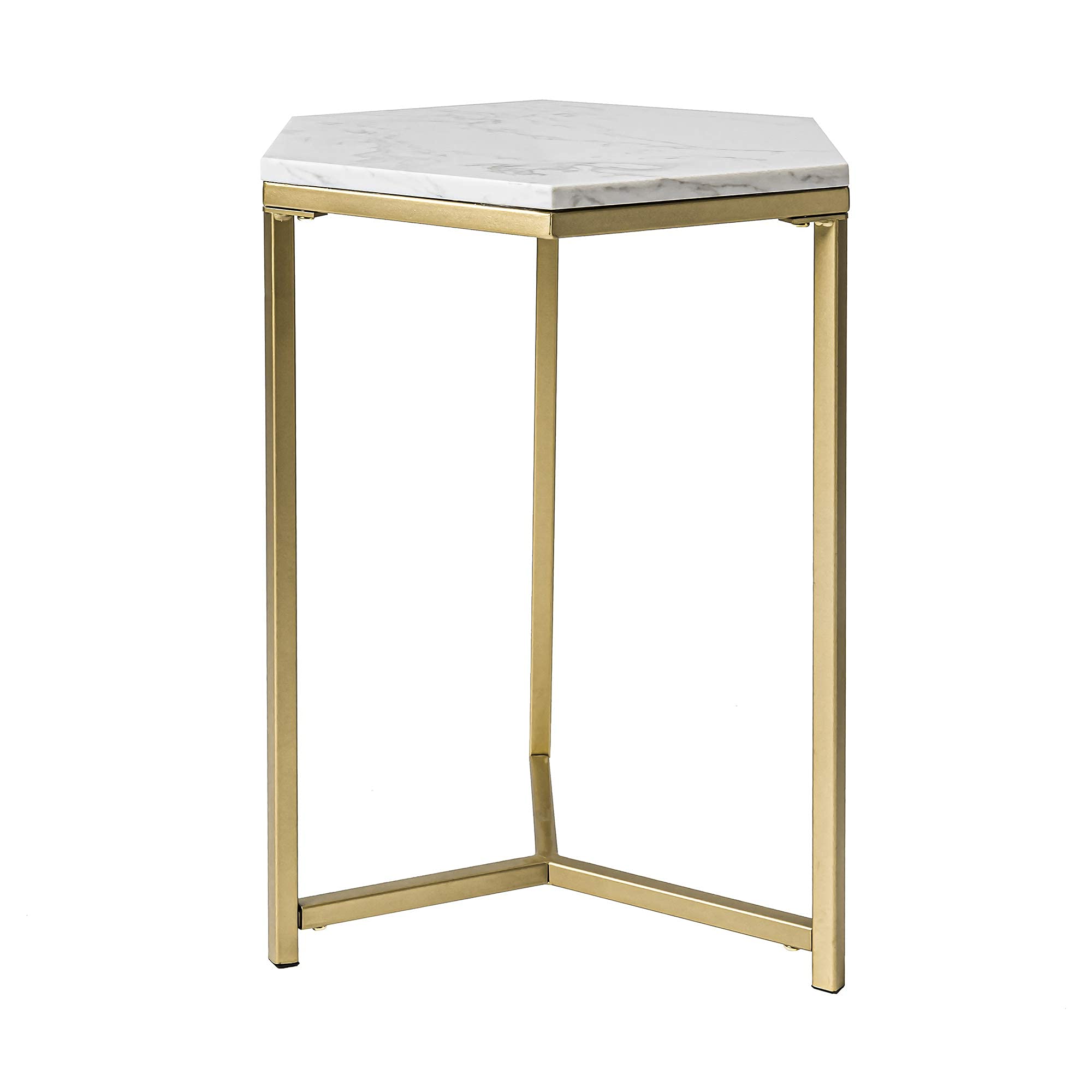 HAWOO Hexagon Gold Accent Side End Table with Faux Marble Top for Living Room, White Nightstand for Home Office Small Space, 16''D x 20" H