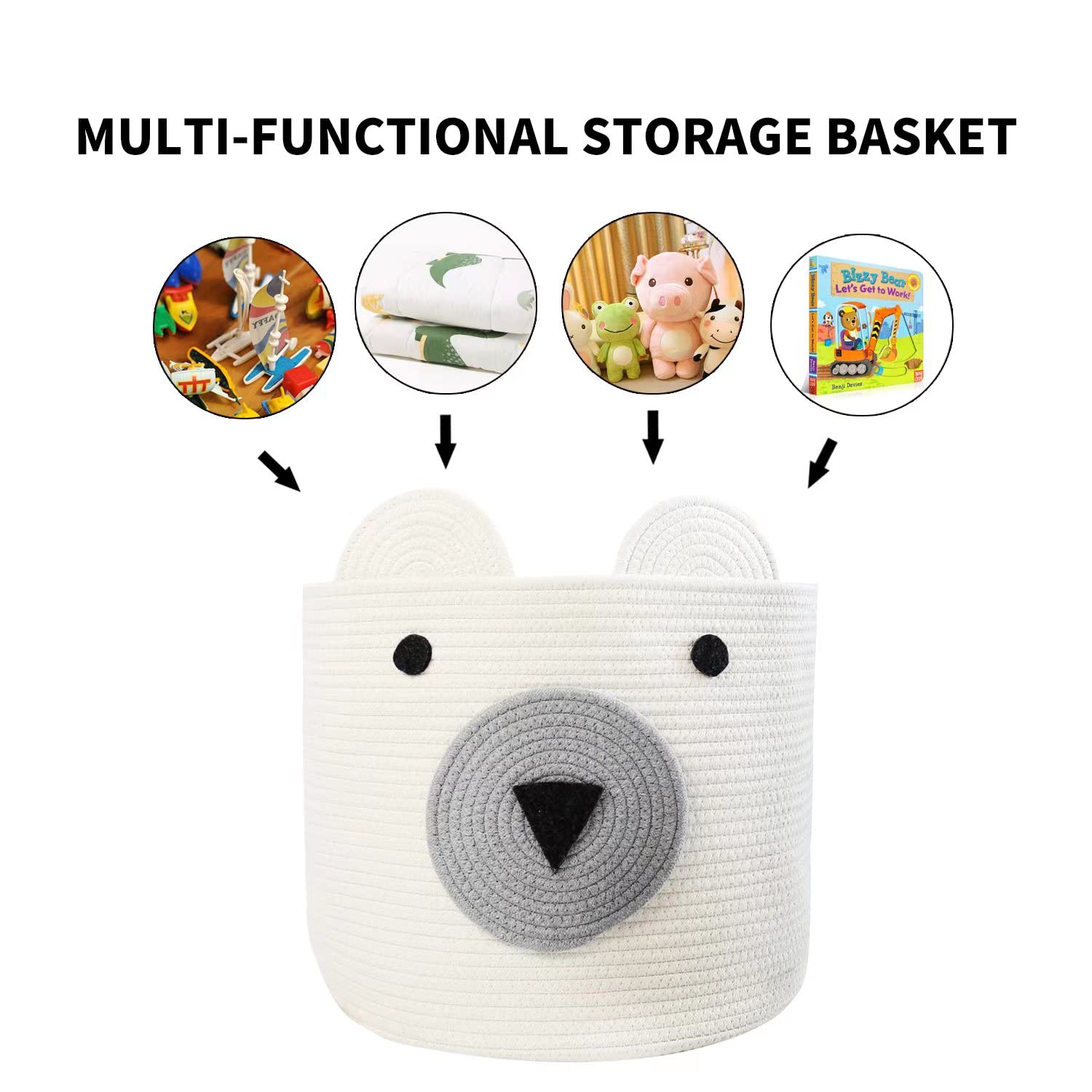 Homearda Cotton Rope Basket,Baby Hamper,Cute Bear Basket,Storage Basket ,Woven Laundry Hamper,Toy Storage Bin,Gifts β Pet or Baby Gift Baskets- White-12 x 10 - easy to reshape