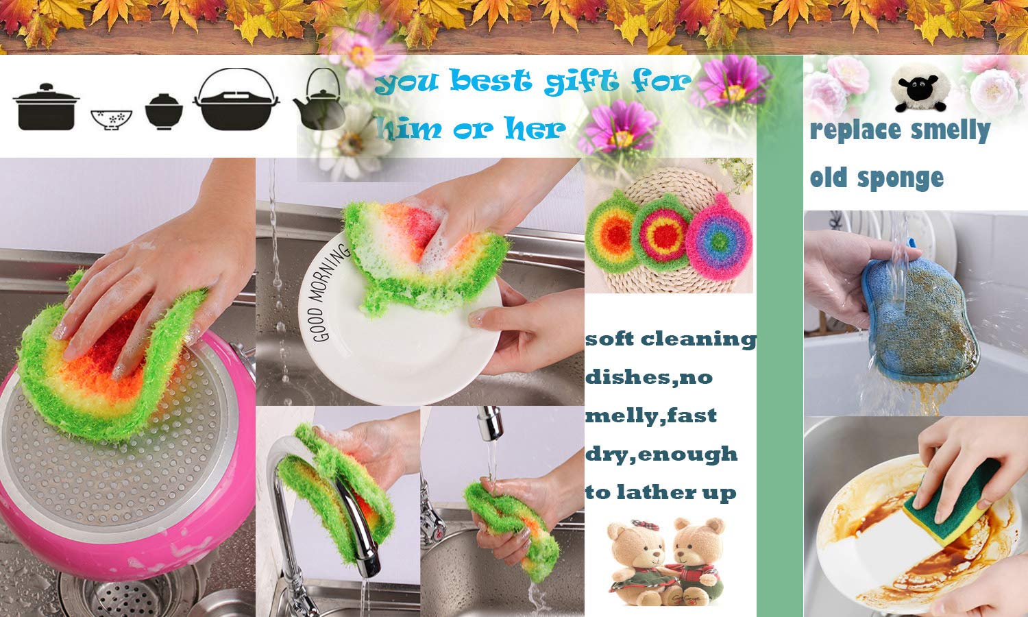 JC1927 Decorative Dish Scrubber Non Scratch Cleaning Pad Cute Dish Net Clothes for Kitchen Washing Dishes Cleaning Net 3 Pack