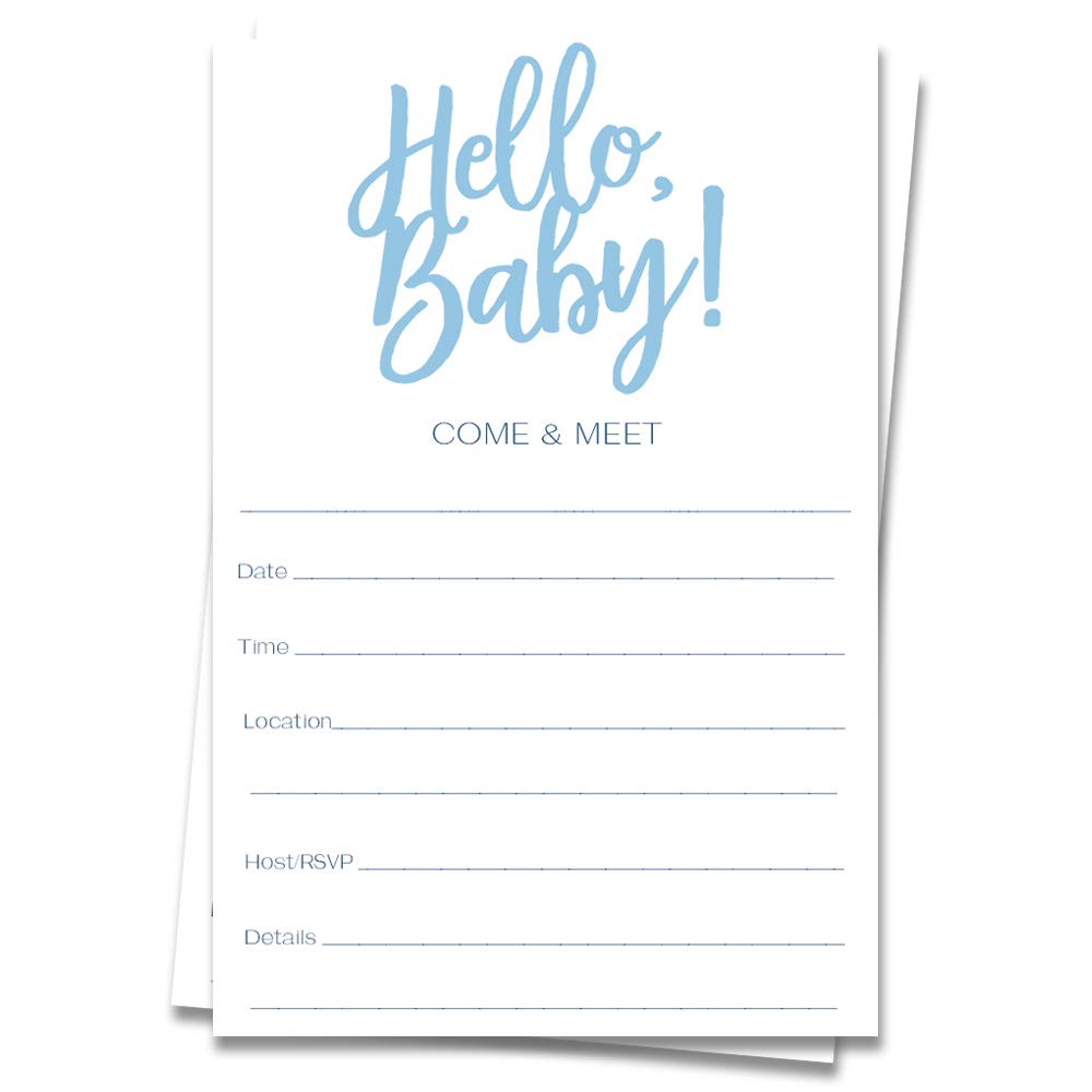 Hello Baby Fill in The Blank Invitations Sip and See World Meet Greet After Birth Baby Shower Sprinkle Born Boy Blue Baby Feet Printed Cards (24 Count)