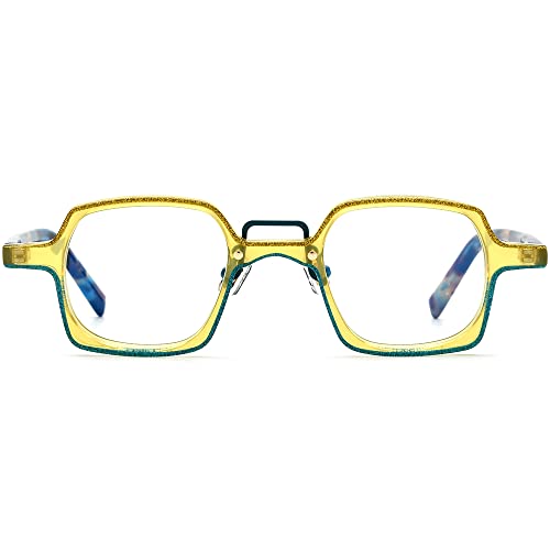 HEPIDEM Powder Acetate Glasses Frame Men Vintage Square Eyeglasses Women Optical Spectacles (9318 Yellow Blue)