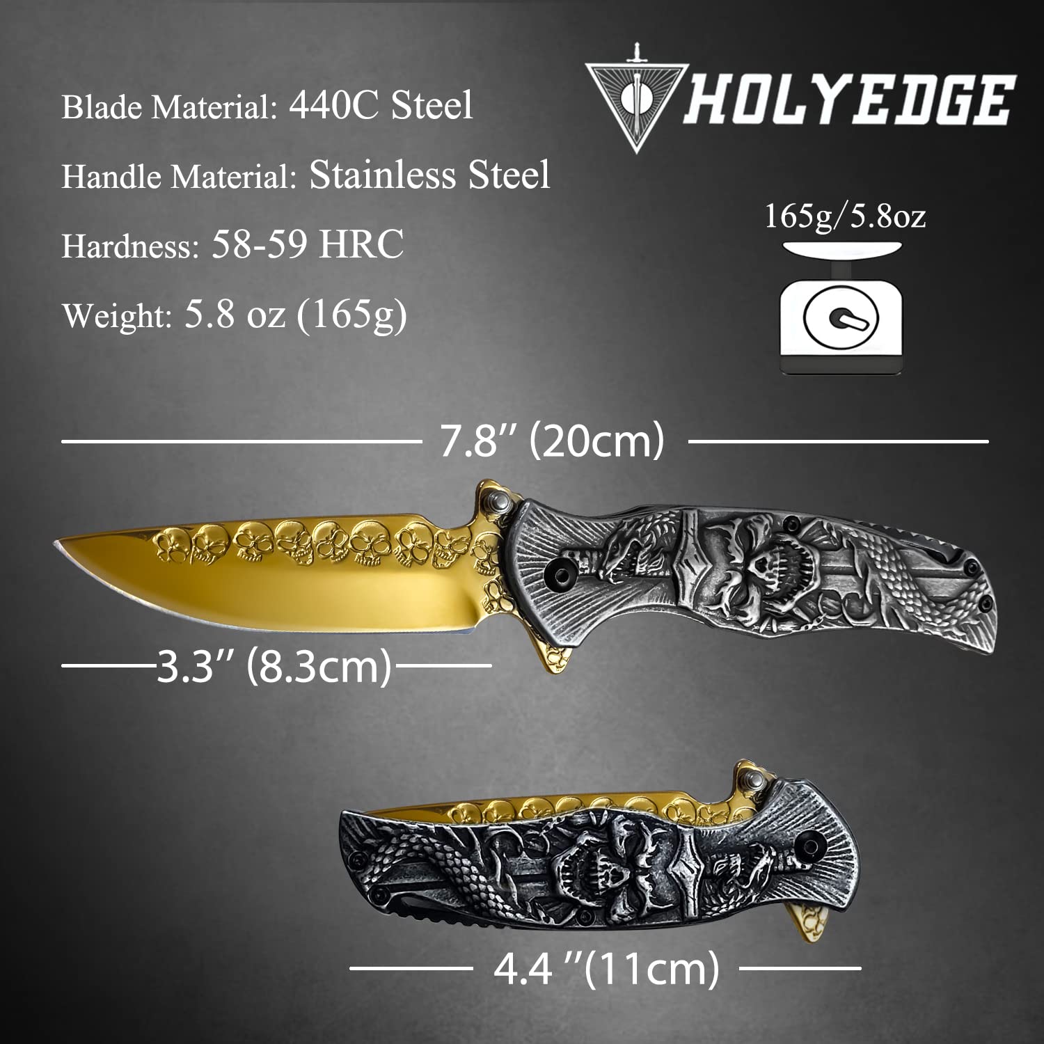 HOLYEDGE 7.8-in Tactical Folding Pocket Knife with 3.3-in Gold Mirror Blade, 3D Skull Handle, with Pocket Clip, Liner Lock and Auxiliary Opening for Outdoor Camping Survival Knives