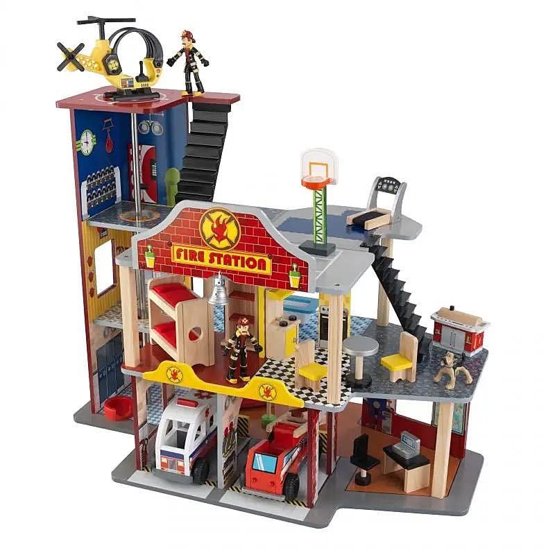 KK 63214 Deluxe Wooden Fire Rescue Play Set with Ambulance, Fire Truck, Helicopter, Firefighters, 27 Pieces, Gift for Ages 3+