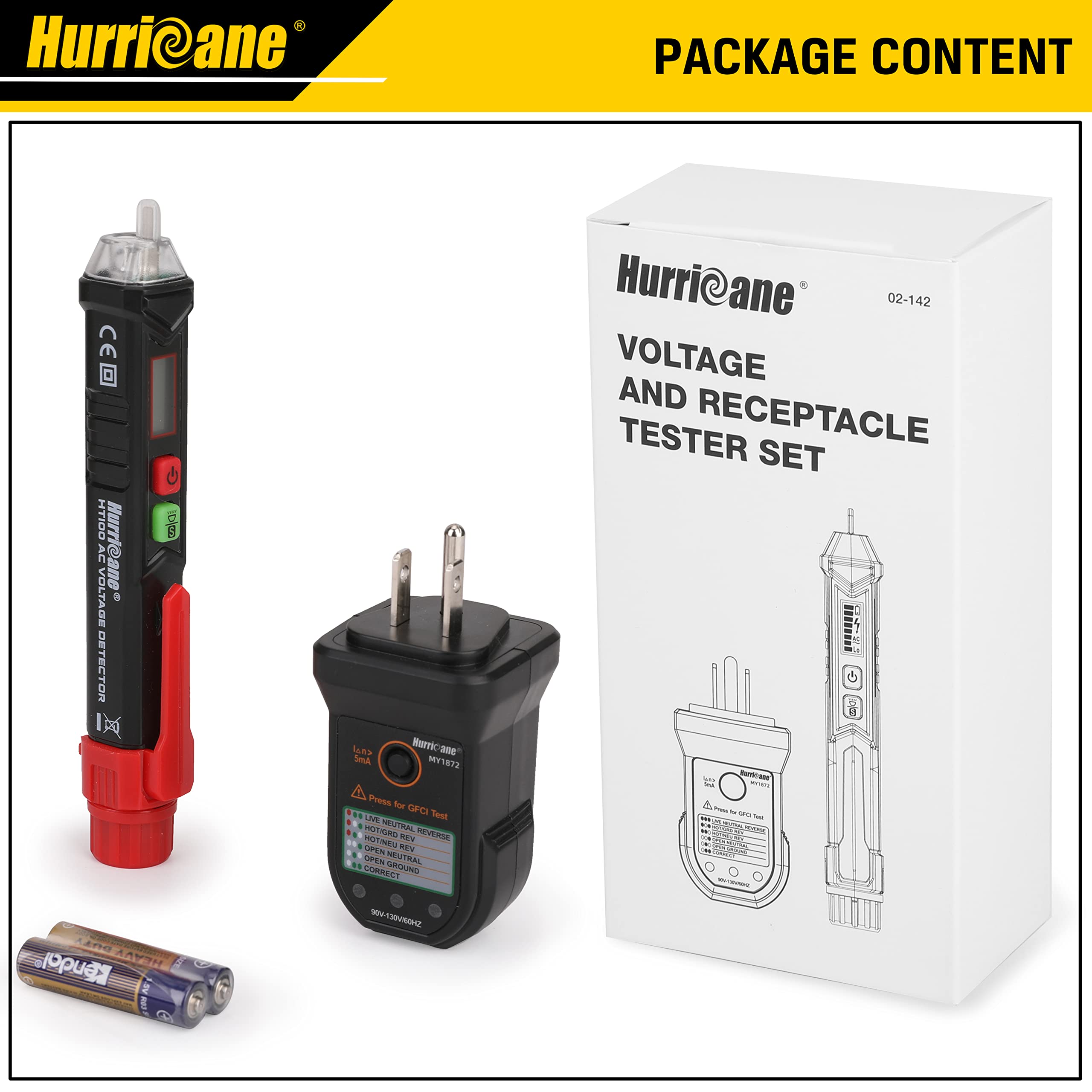 HURRICANE Non-Contact Voltage Tester and Receptacle Tester Kit, Electrical Socket Voltage Tester/12-1000V AC Voltage Detector Pen, and GFCI Outlet Tester/Receptacle Tester for Standard 3-Wire 120V