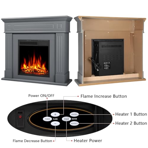 Havato 43" Electric Fireplace with Mantel, Freestanding Electric Fireplace, Wooden Surround Firebox, Remote Control, 7 Level Adjustable Led 3D Frame, 750W/1500W Grey