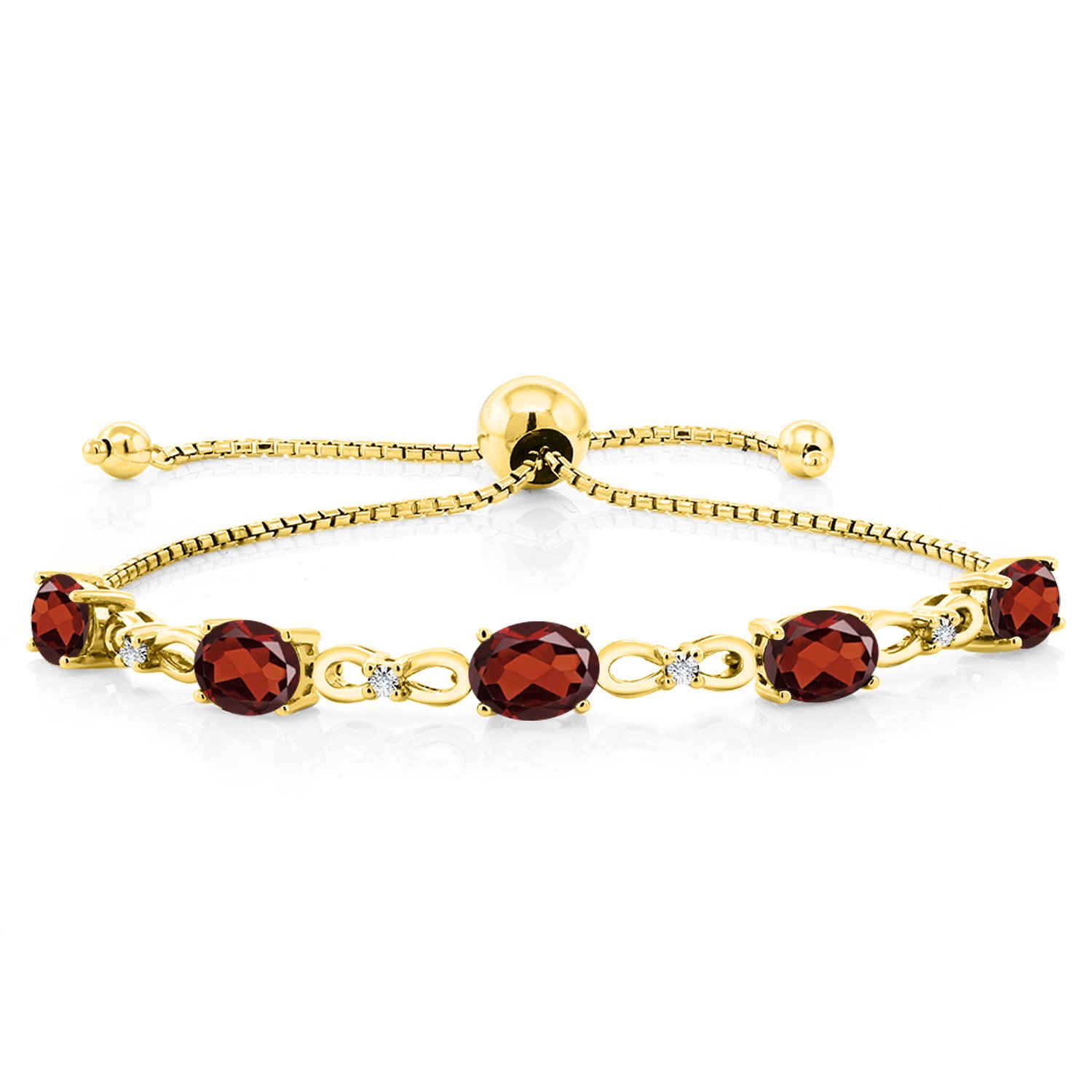 Gem Stone King 18K Yellow Gold Plated Silver Red Garnet and White Lab Grown Diamond Tennis Bracelet For Women (4.37 Cttw, Gemstone January Birthstone, Oval 7x5MM, Fully Adjustable Up to 9 Inch)