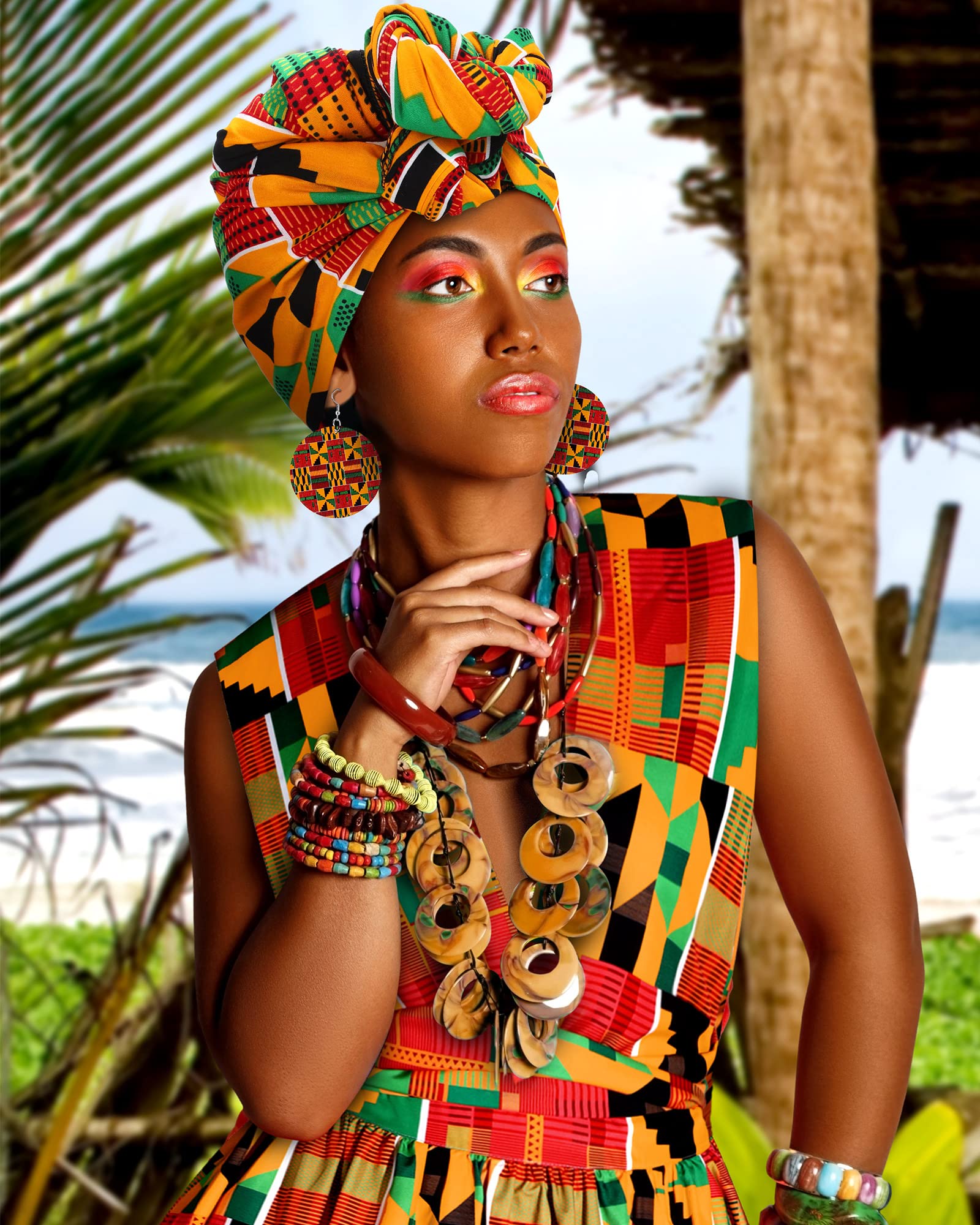 Haysandy 3 Pcs Women African Ankara Print Traditional Costume Set Long Maxi Dress Headwraps Scarf Drop Dangle Earrings(X-Large)
