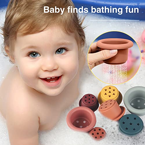 J QUATTUOR Stacking Cups Bath Toy for Babies, Toddlers,7PCS, Stackable Nesting Cups Toy for Kids, Early Educational Montessori Toy Gift for Boys Girls, 6+ Months