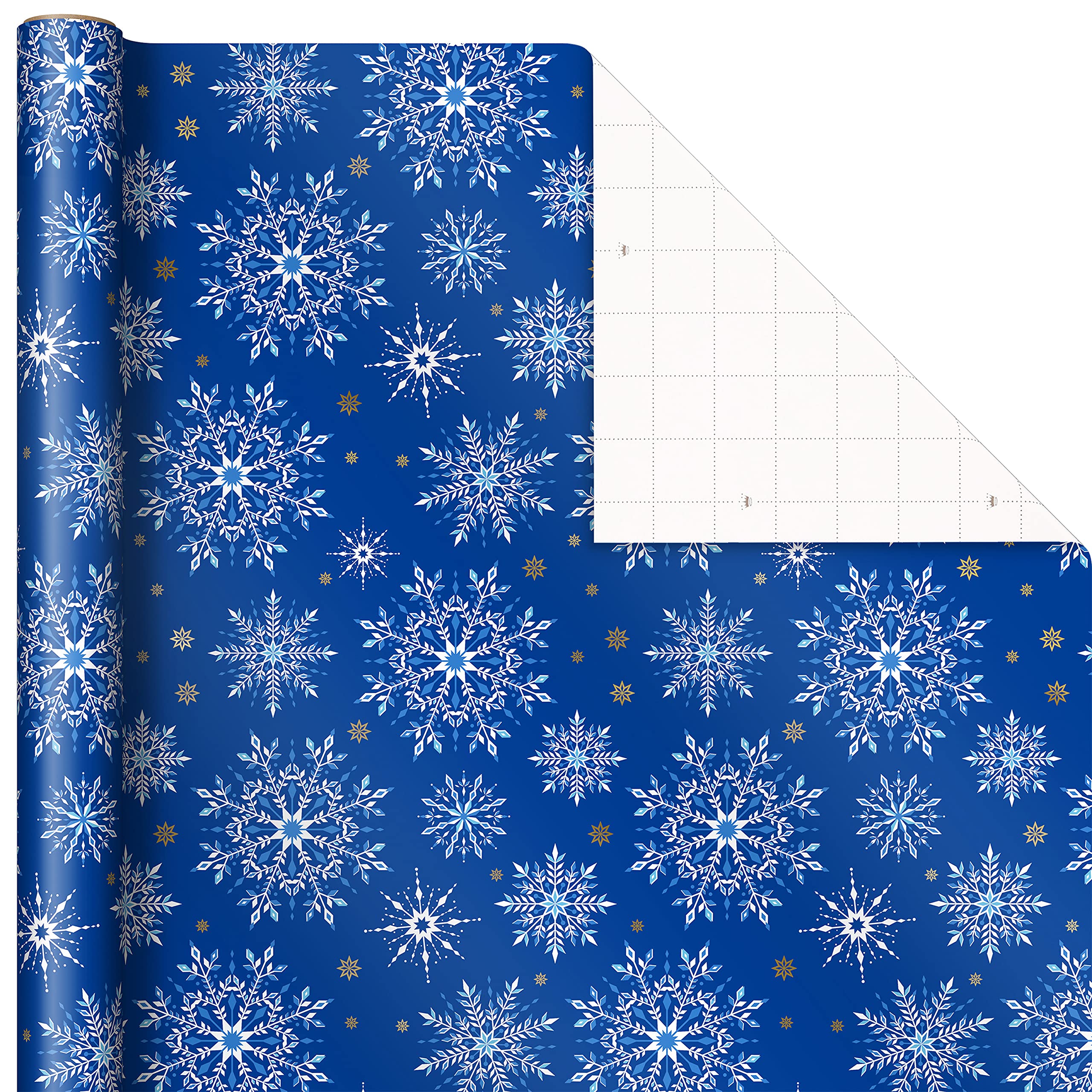 Hallmark Blue Wrapping Paper with Cut Lines on Reverse (3 Rolls: 120 sq. ft. ttl) Starry Snowflakes, Winter Galaxy, Navy Blue, Gold for Birthdays, Graduations, Winter Weddings