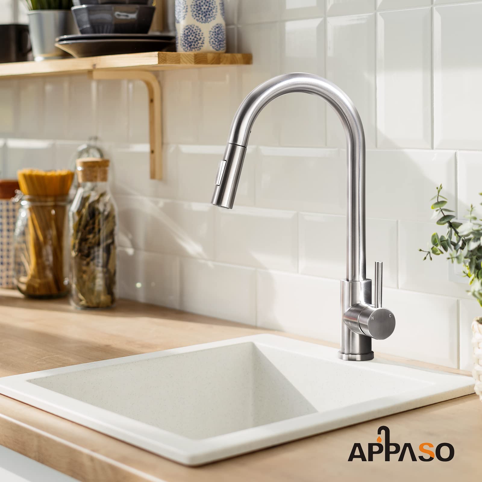 Kitchen Faucet with Soap Dispenser, APPASO Kitchen Faucet with Pull Down Sprayer, Brushed Nickel Kitchen Sink Faucets with Sprayer, Modern Kitchen Faucet for RV Bar Sink, Durable Stainless Steel