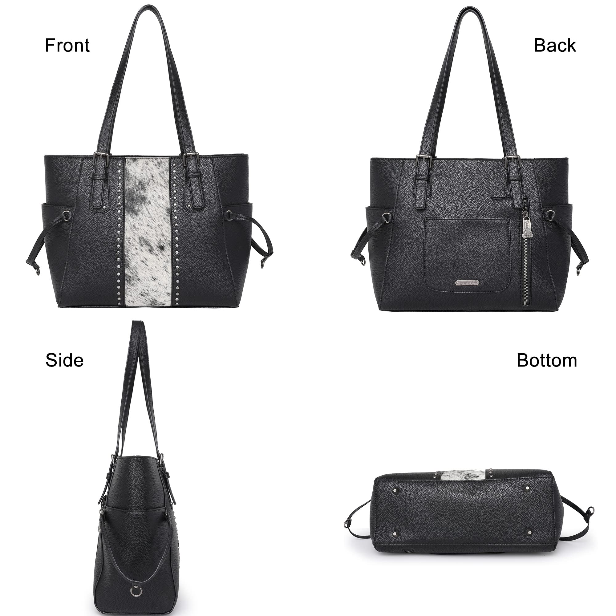 Hair on Hide Leather Large Totes Women's Purses and Handbags Concealed Carry Shoulder Purse with Studs Black Handbag TR132G-8317BK