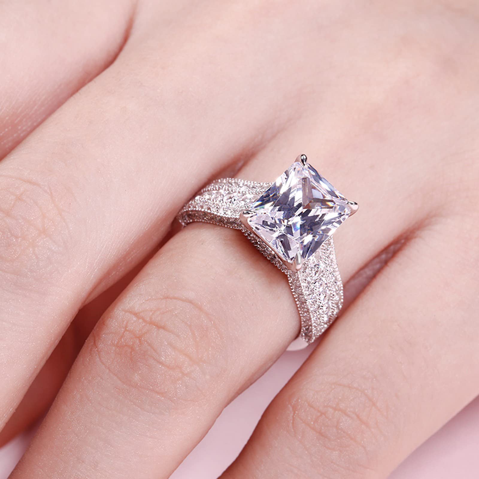 Jeulia Classic Radiant Cut Wedding Ring:Sterling Silver Halo Diamond Bridal Set Engagement Band Best Anniversary Promise Valentines Jewelry Gift with Box (White diamond, 6.5)