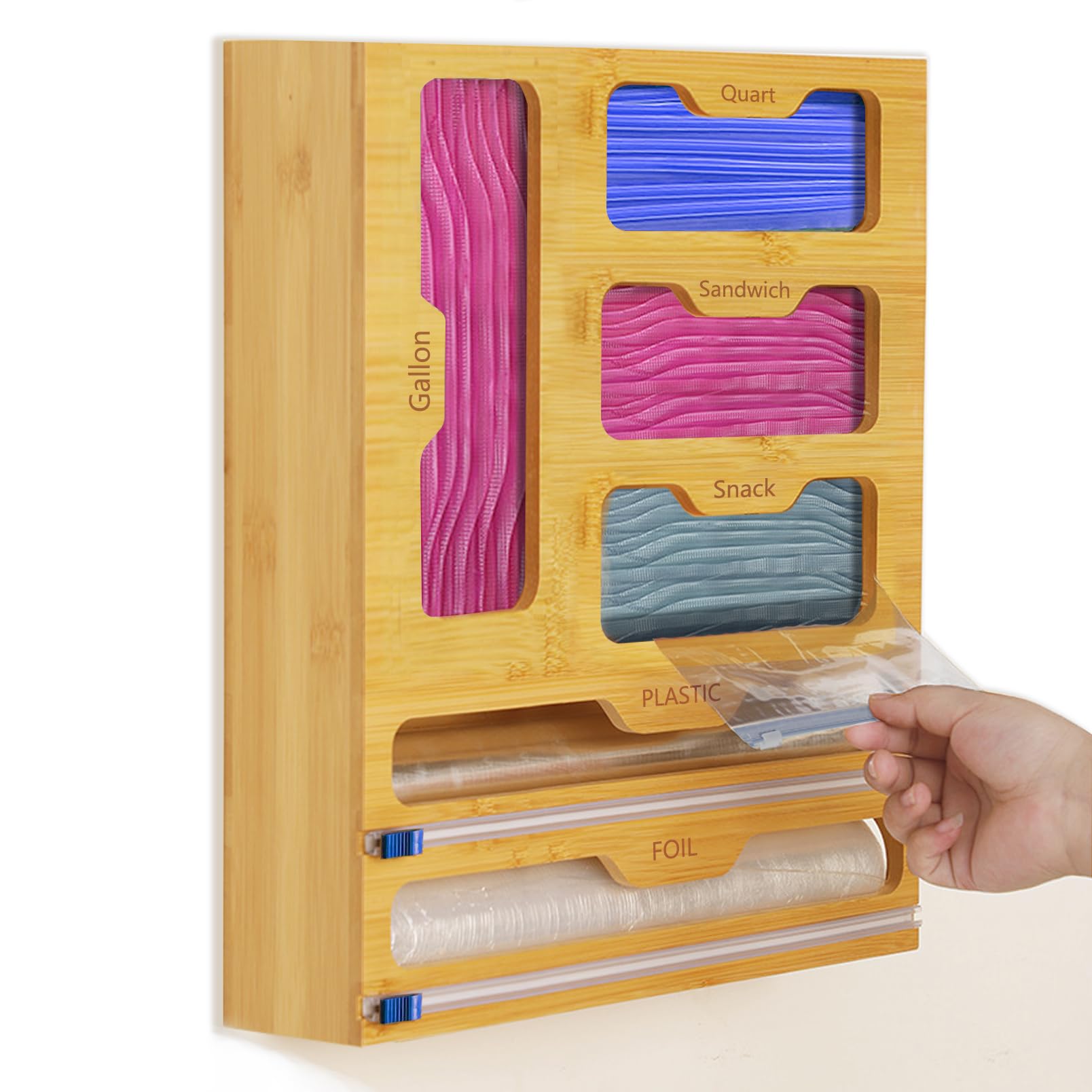 HILELIFE Bamboo Ziplock Bag Organizer for Drawer, Foil and Plastic Wrap Organizer, 6 In 1 Plastic Bag Organizer for Drawer, Baggie Organizer for Drawer