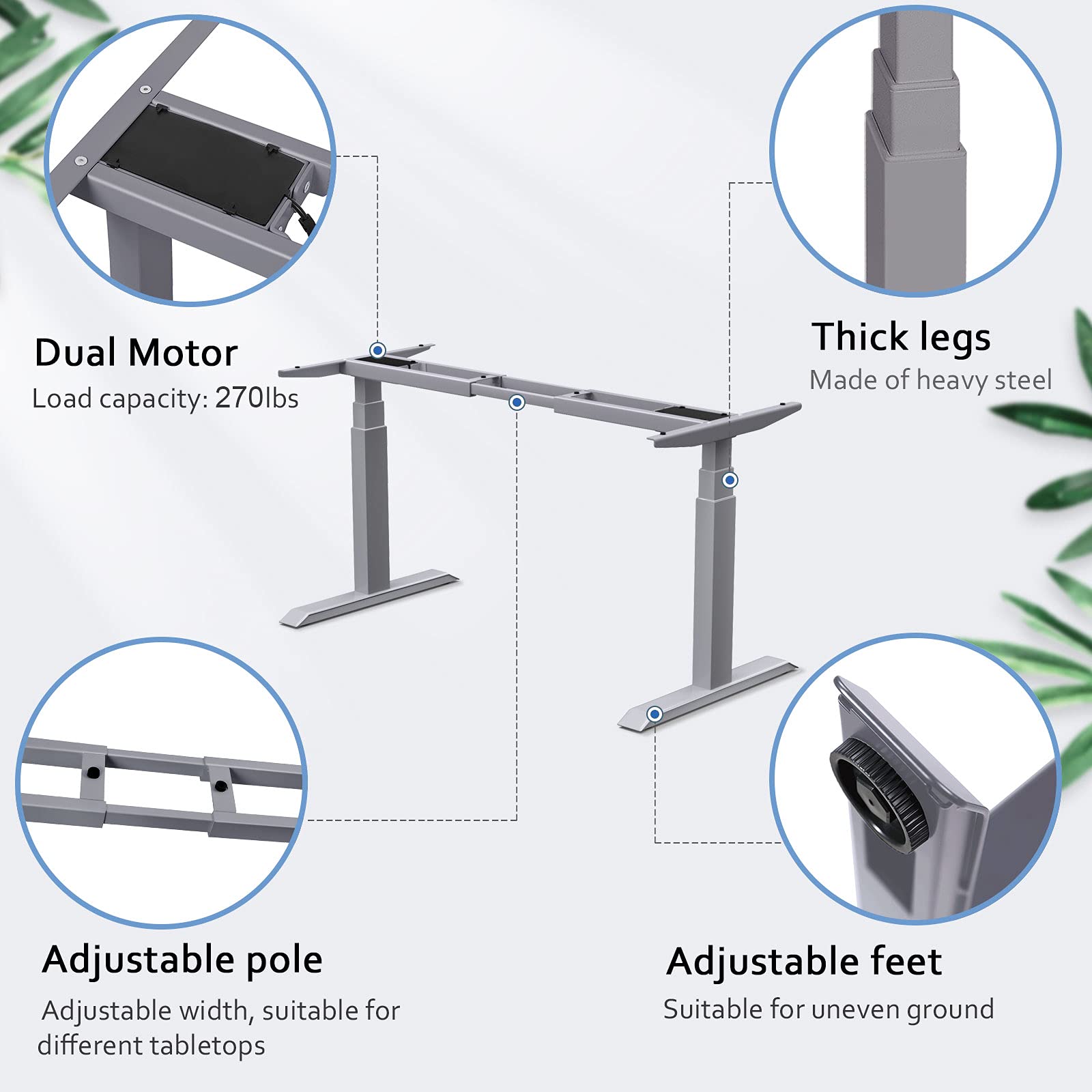HAIAOJIA Electric Stand up Desk Frame, Dual Motor Load 270lbs Ergonomic Electric Standing Desk Frame 3-Stage Height Adjustable with Memory Controller - Frame Only
