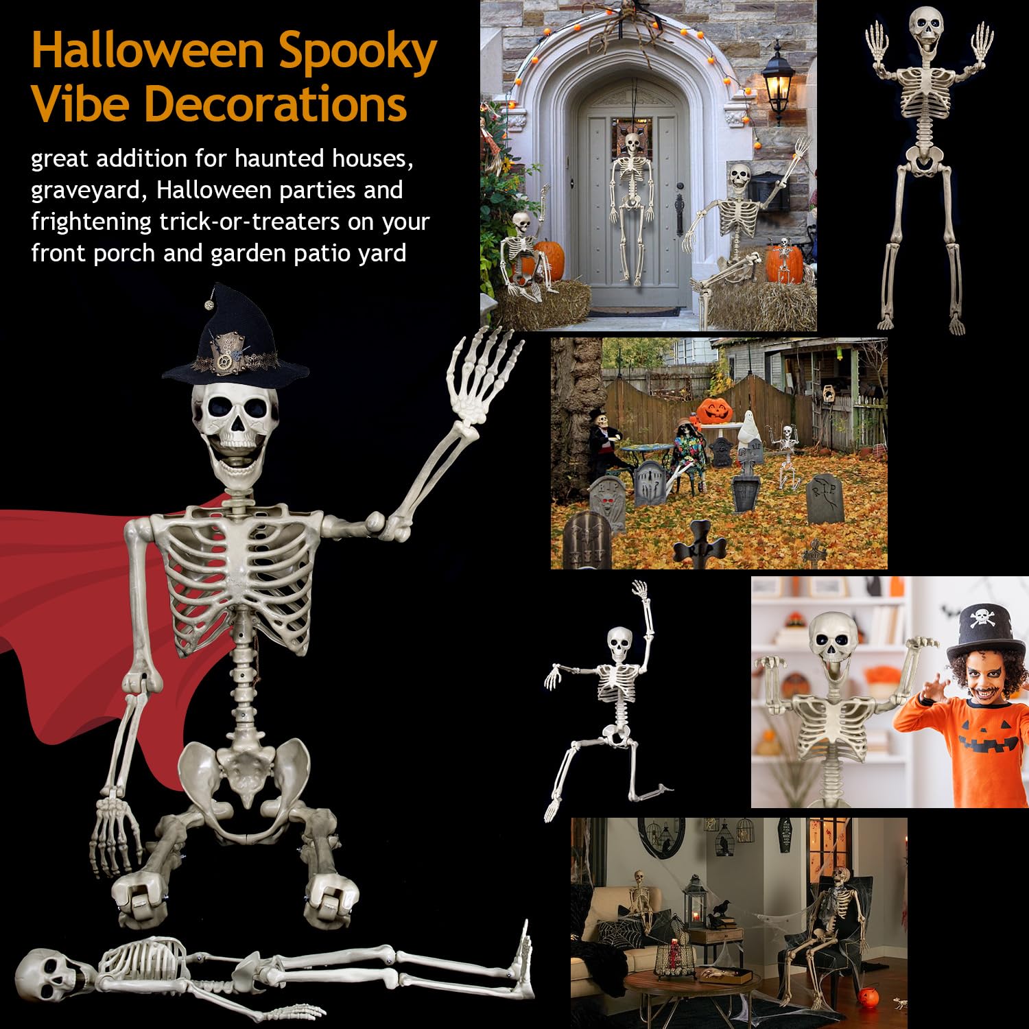 HBSTK 6 Pack(1×40"+2×24"+3×16") Pose-N-Stay Halloween Skeleton Life Size Full Body Posable Movable Jonints for Halloween Decoration Decor