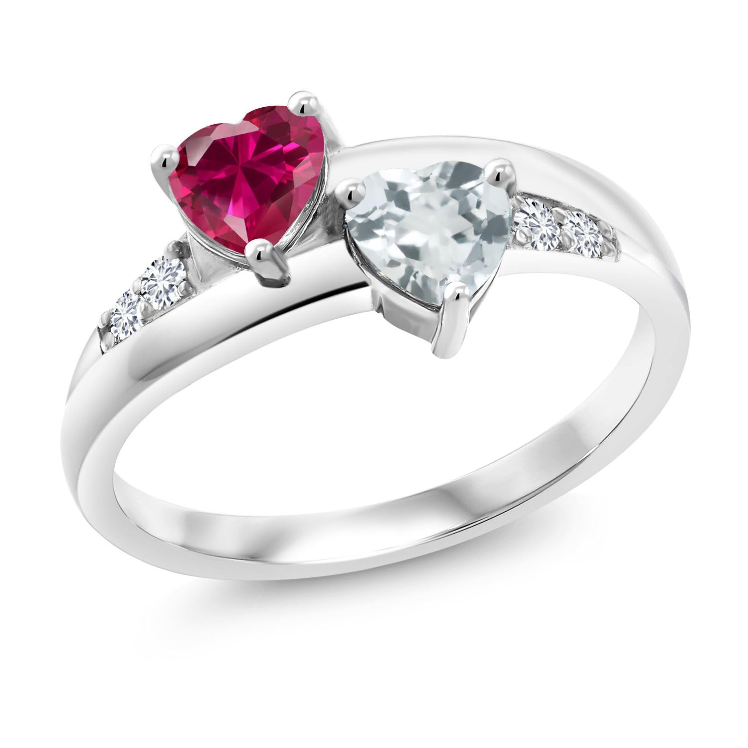 Gem Stone King 925 Sterling Silver Red Created Ruby Sky Blue Aquamarine and Lab Grown Diamond Women Engagement Ring (1.06 Cttw, Heart Shape 5MM, Available in size 5, 6, 7, 8, 9)