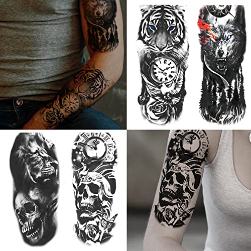 JEEFONNA 72 Sheets Temporary Tattoo for Men Women Adults, Include 12 Sheets Large Black 3D Realistic Tattoos Half Sleeve Temporary Tattoos, Include Black Scary Lion Wolf Tiger Skull Fake Tattoos …