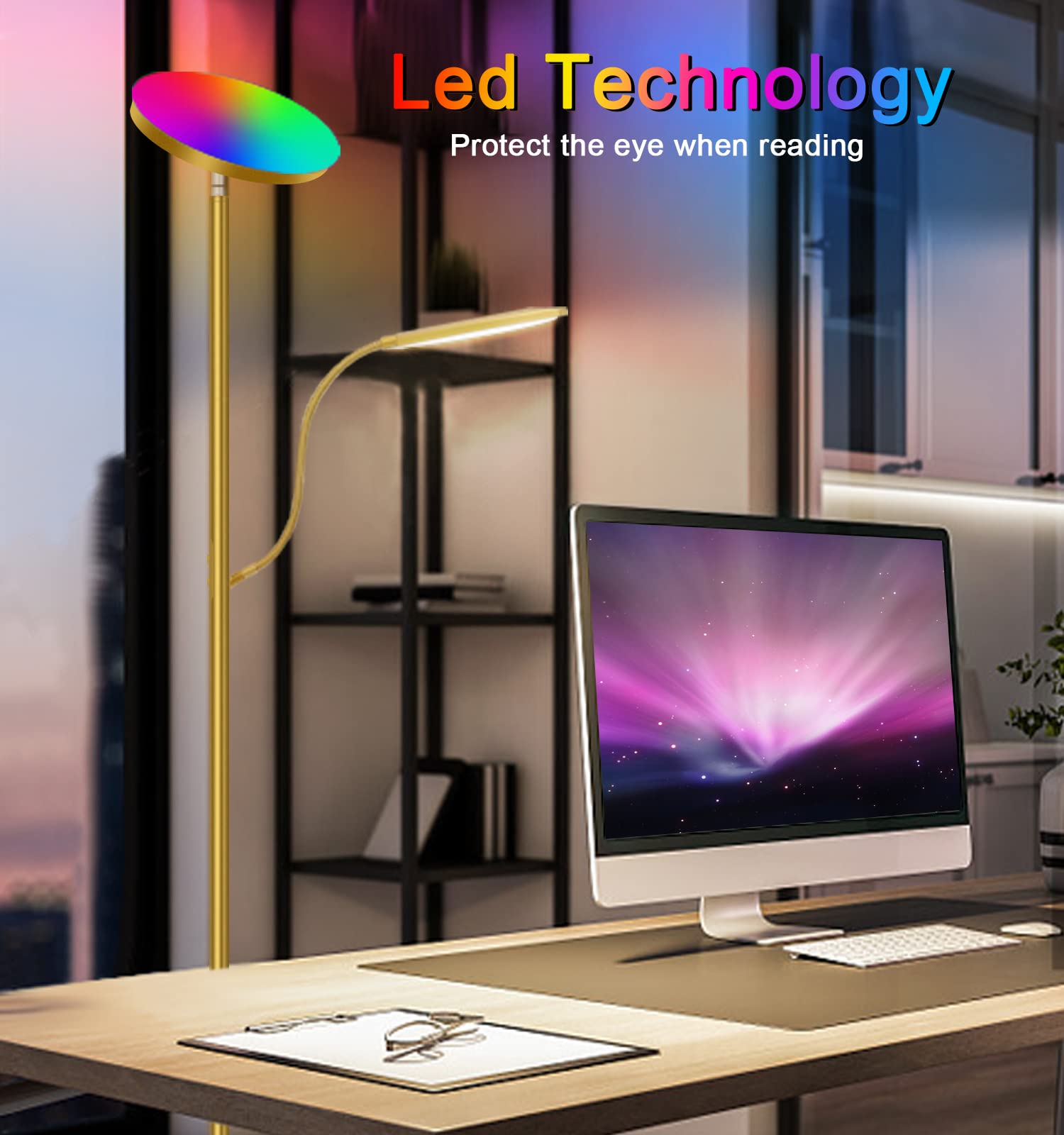 Hyskostar Gold Floor lamp,Top Sky Light and Side Reading Lamp,RGB LED Modern Super Bright Floor Lamps-Tall Standing Pole Light with Remote & Touch Control for Living Room,Bed Room,Office
