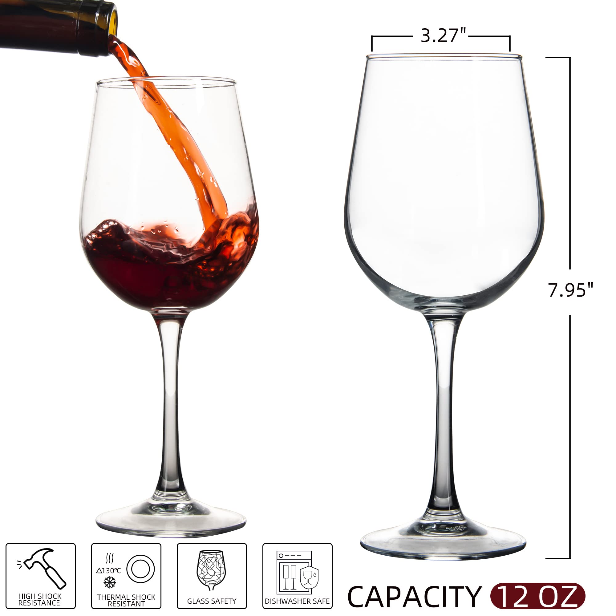 HAKEEMI Fully Tempered Wine Glasses set of 12, 12 oz Durable Red Wine Glasses for Wedding, Party, Dishwasher Safe