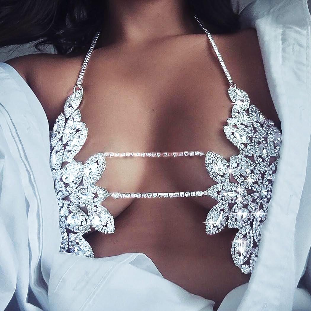 Graeen Crystal Bra Chains Rhinestone Bra Top Flower Chest Chain Silver Body Chain Nightclub Body Jewelry for Women (A)