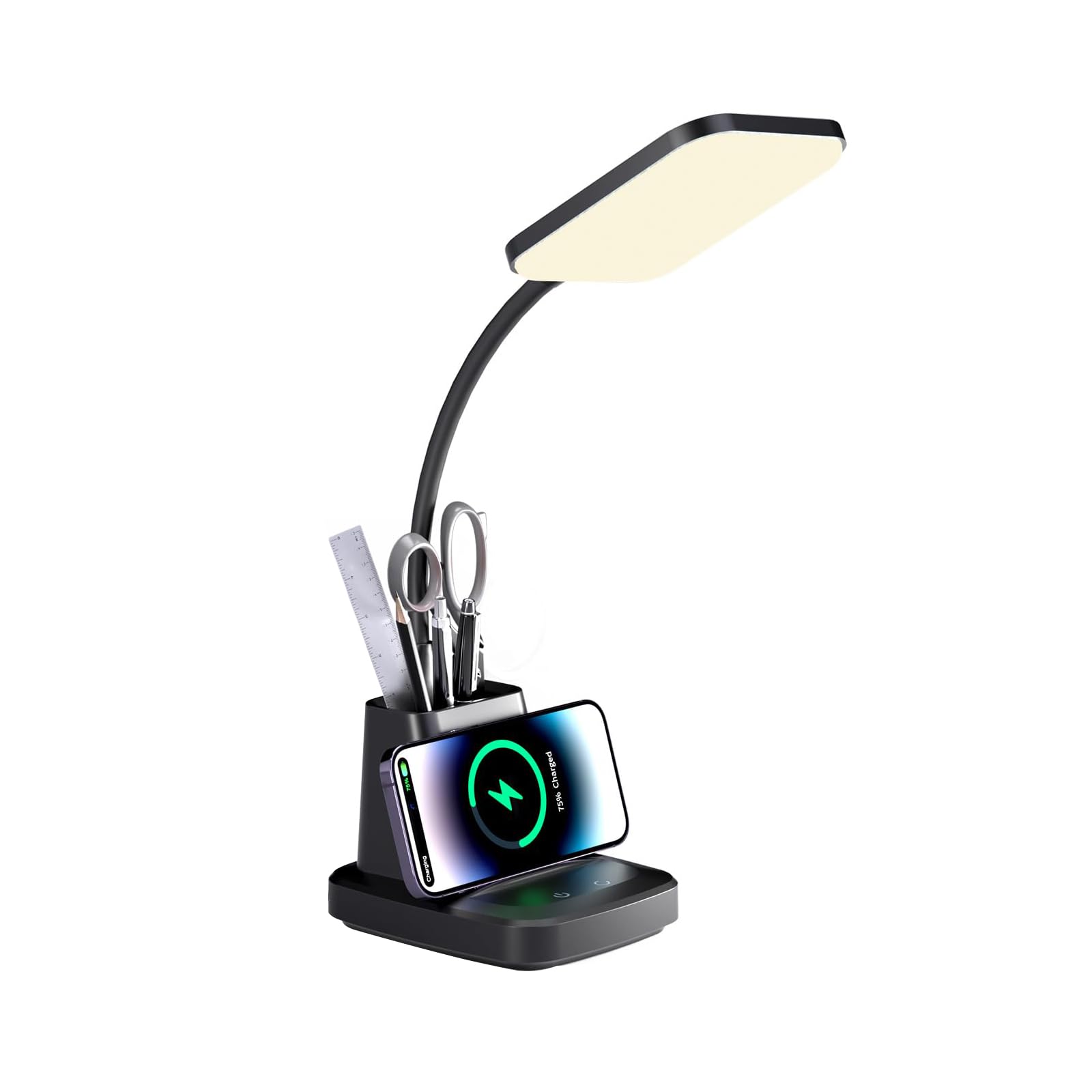 GOLSPARK Desk Lamp with Wireless Charger, LED Desk Lamp for Home Office 3 Color Modes CRI90+ Eye-Caring Reading Light with Pen Holder, Dimmable Gooseneck Touch Control Table Lamp for College Dorm Room