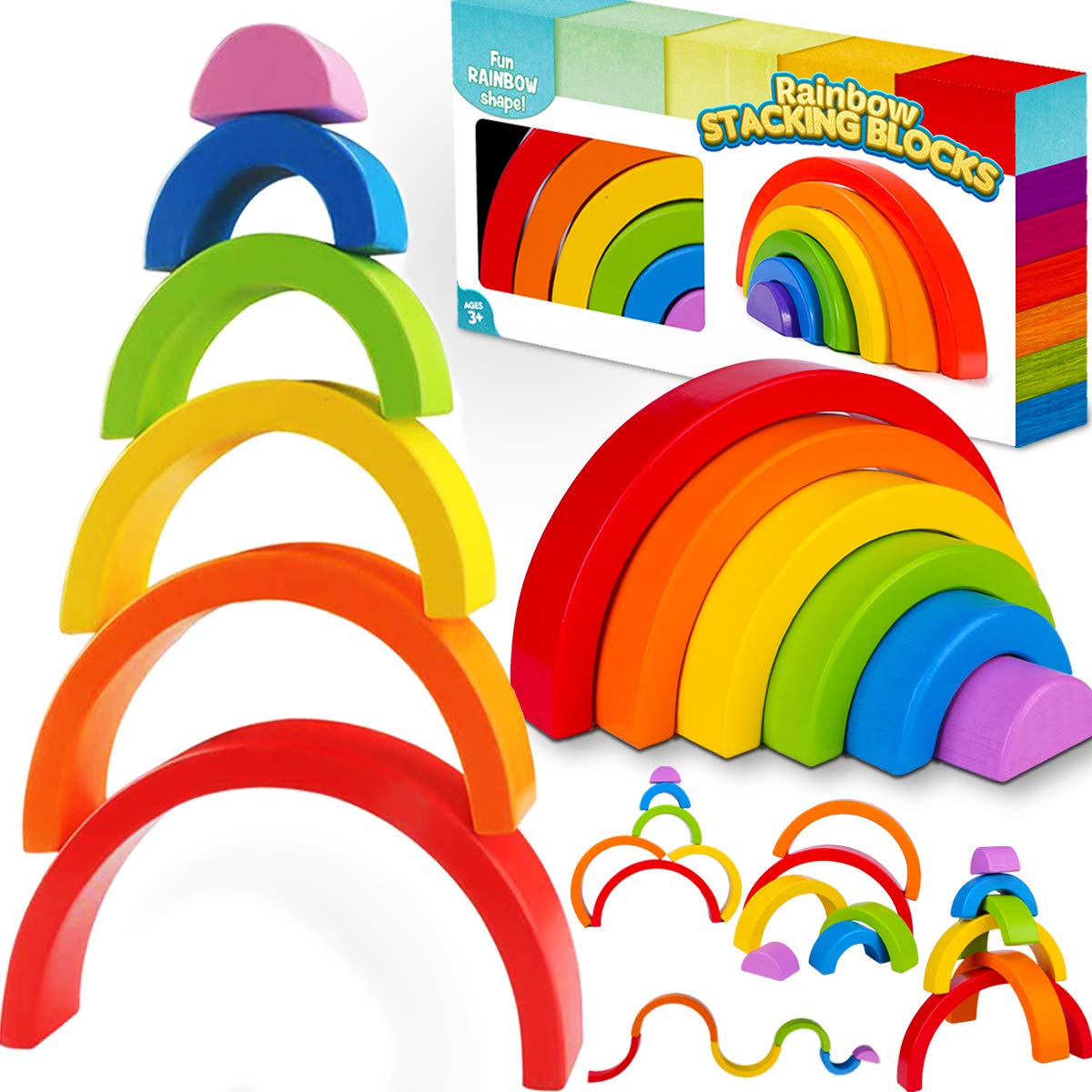 Goody King Wooden Toy Rainbow Stacking Toy - 6 Pcs Montessori Toys for 1 Year Old Educational Toy Preschool Activity Learning Creative Stacking Color Sorting Early Learning Early Development Gift