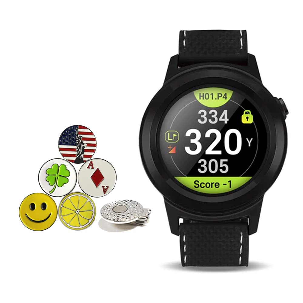 Golf Buddy Aim W10 Bluetooth Wireless Golf GPS Smartwatch Bundle with 5 Ball Markers and 1 Hat Clip - GPS Rangefinder Watch - Black