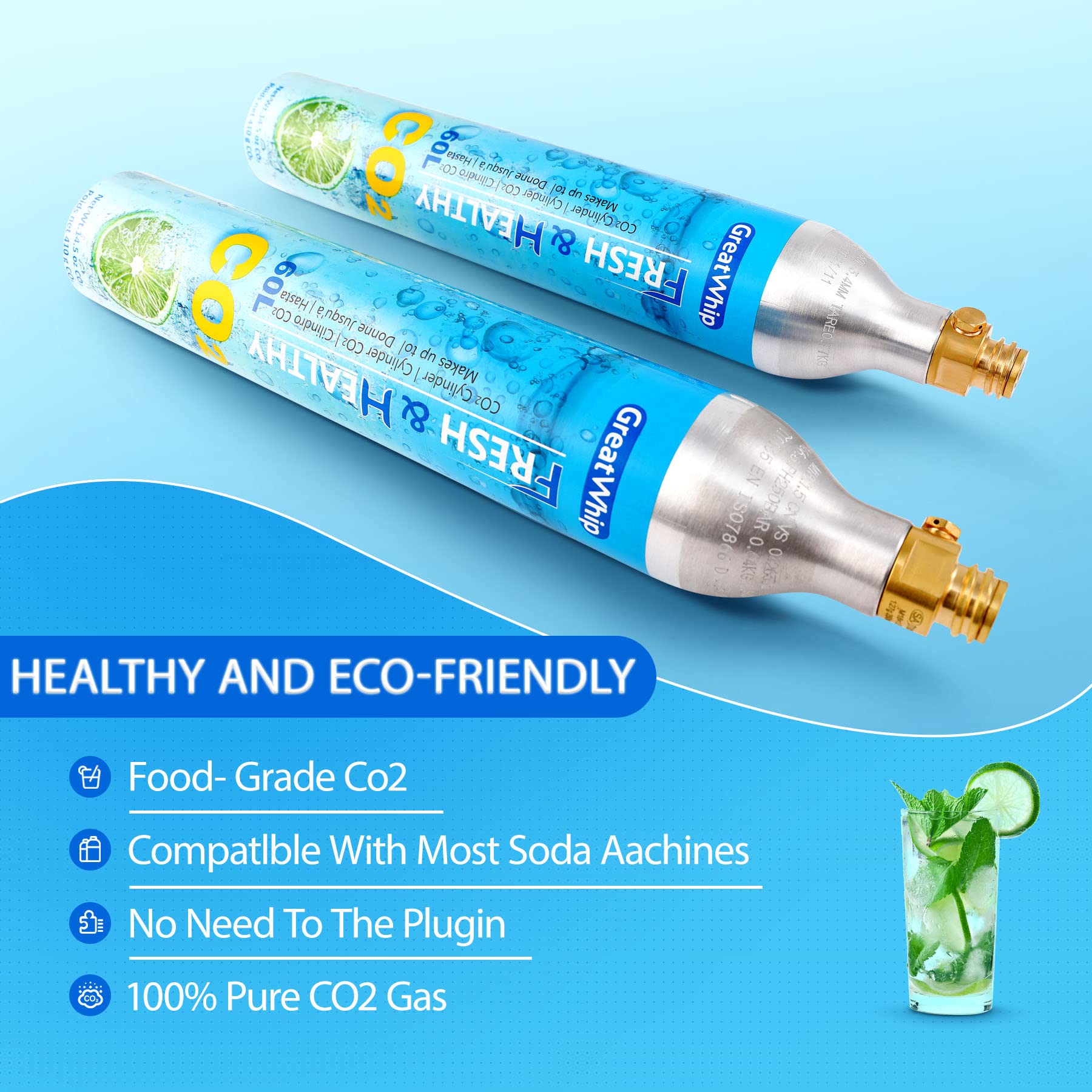 GreatWhip 60L Co2 Carbonator Sodasteam Co2 Cylinder Soda Gas Canister 14.5 oz Compatible with SodaMaker Appliances Set of 5