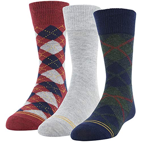 Gold Toe Boy's Dress Crew Socks, 3 Pairs, Peacoat/Grey Heather/Red, Shoe Size: 9-2.5