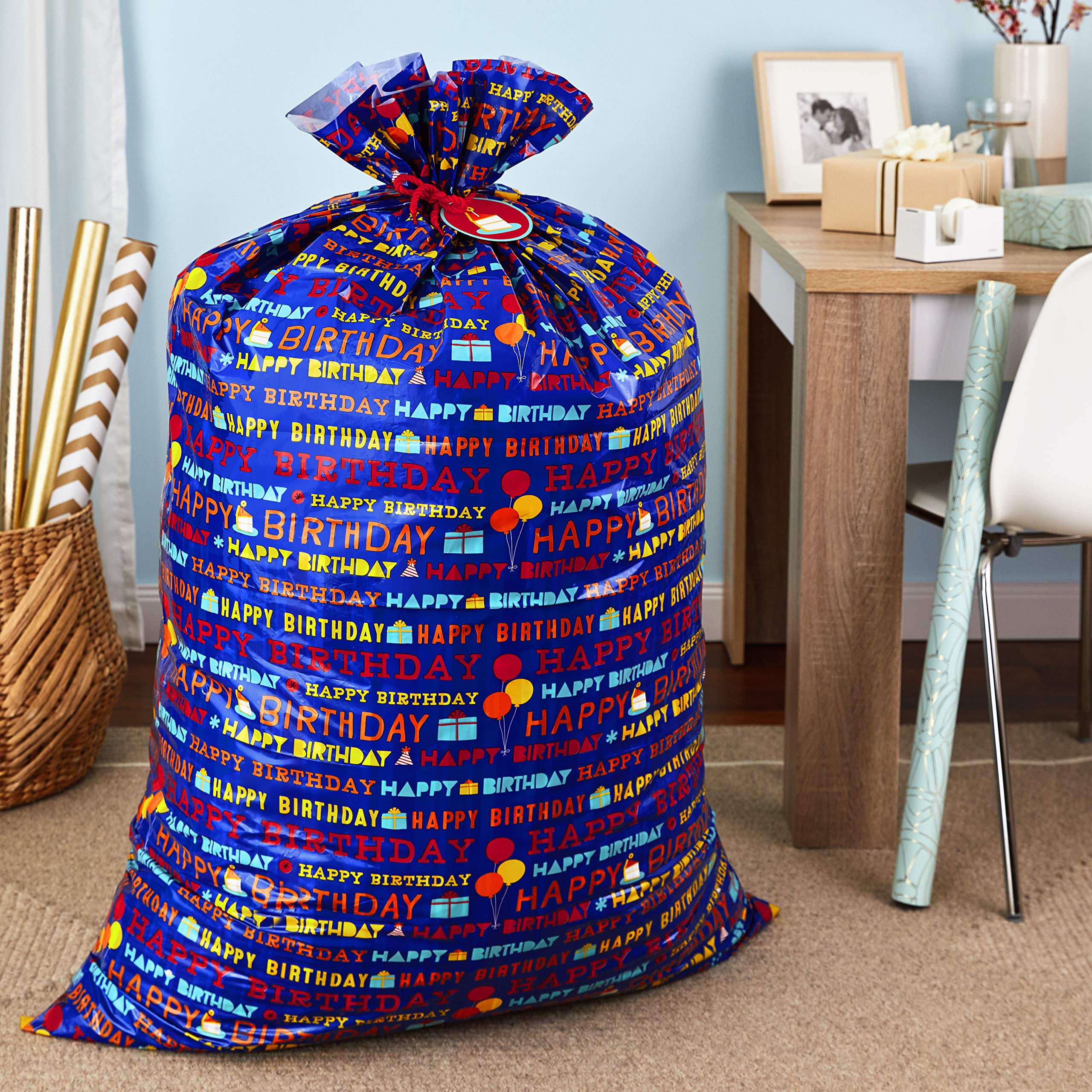Hallmark 56" Large Plastic Gift Bag (Blue Happy Birthday) for Birthdays, Kids Parties and More