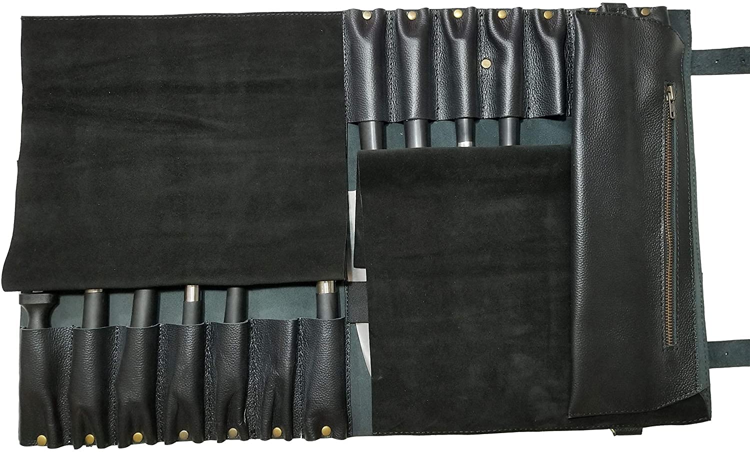 Heritage Handikrafts Genuine Lightweight Premium Leather Professional Black Chef Knife Bag/Chef Knife Roll 14 Slots Space