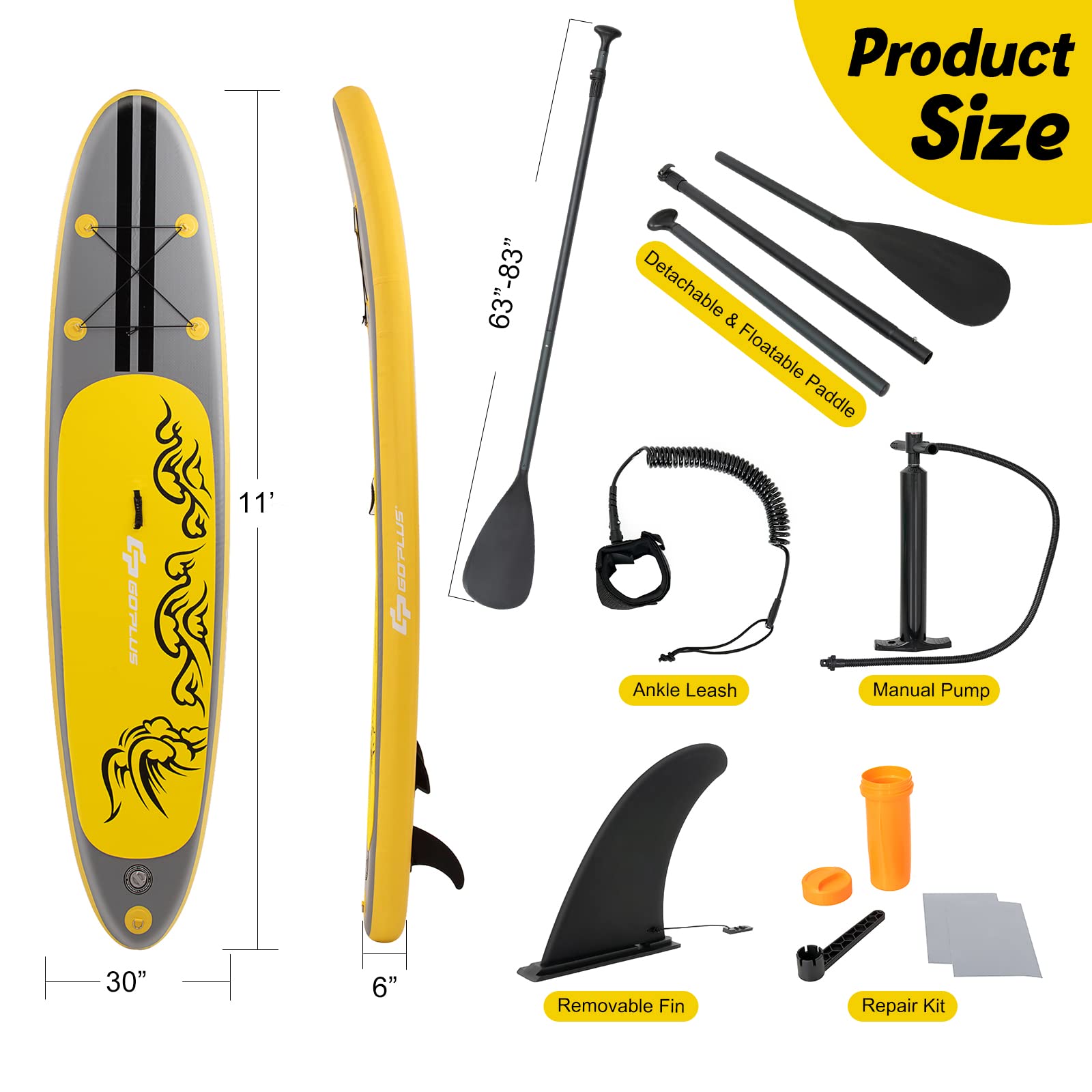 Goplus 10/ 11FT Inflatable Stand up Paddle Board Latest Inkjet Process Anti-Fading 6.5” Thick SUP with 3 Fins, Non-Slip Deck, Adjustable Paddle, Hand Pump, Carry Bag, Leash (Yellow, 11FT)