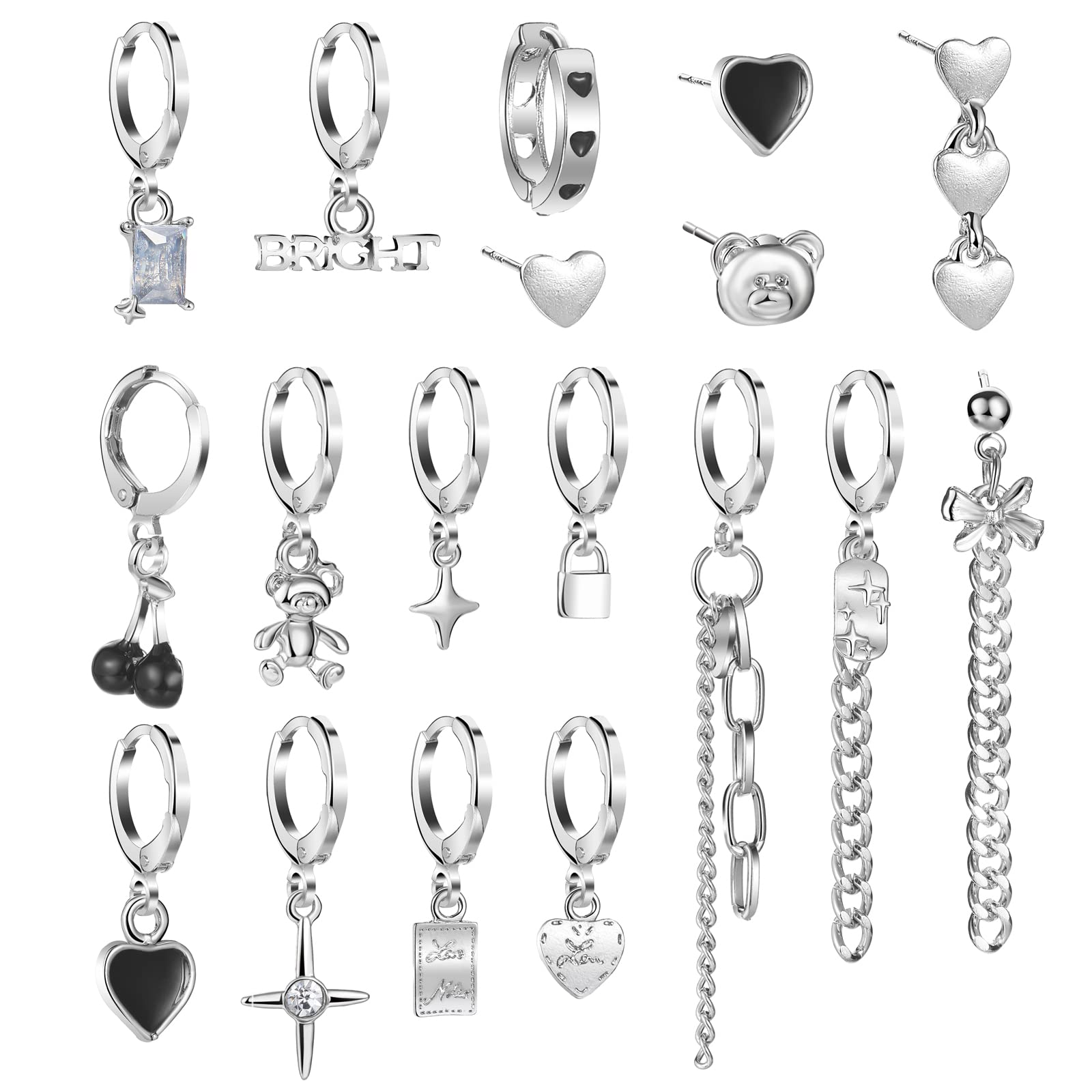IFKM 18pcs Silver Stud Hoop Earrings Set for Women Hypoallergenic Drop Dangle Earrings Cute Heart Star Bear Mini Small Piercing Jewelry