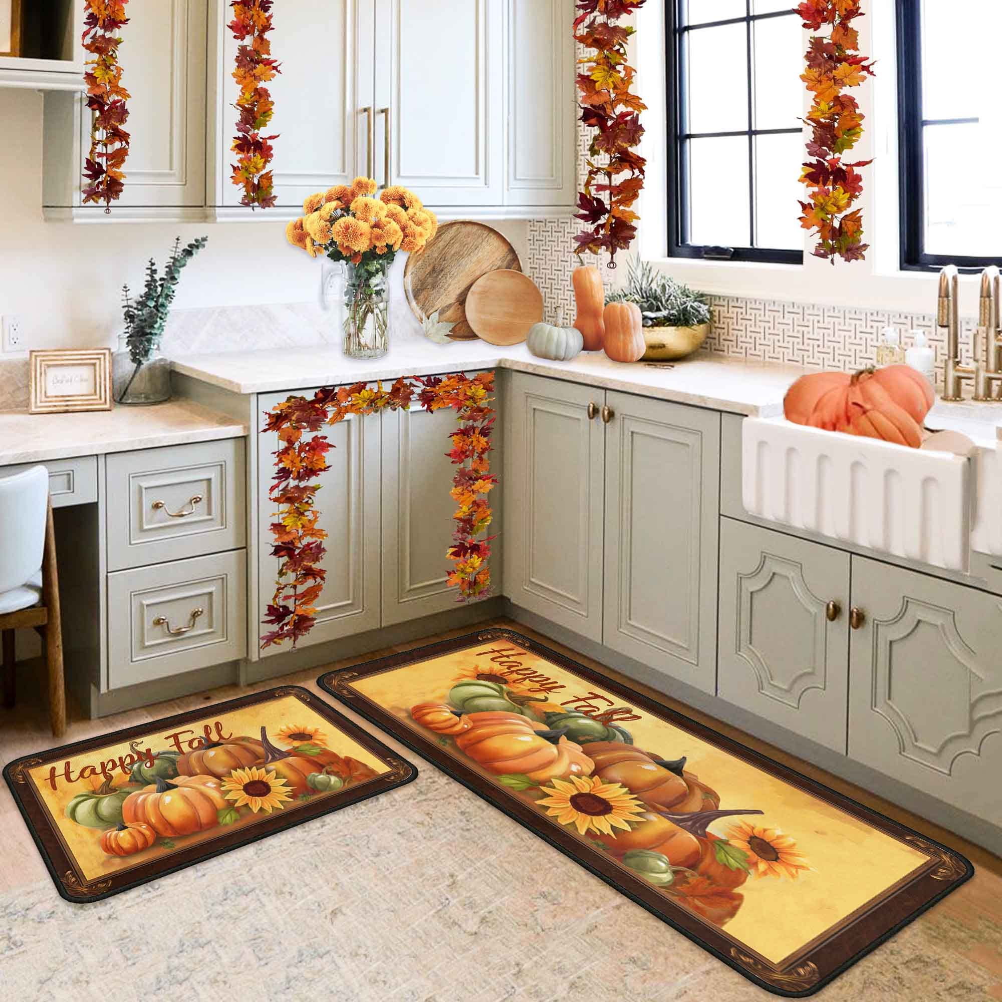 Happy Fall Pumpkin Decorative Kitchen Rugs Set of 2,Non Skid Washable, Home Seasonal Fall Holiday Party Autumn Harvest Thanksgiving Kitchen Mat 17"x47"+17"x30"