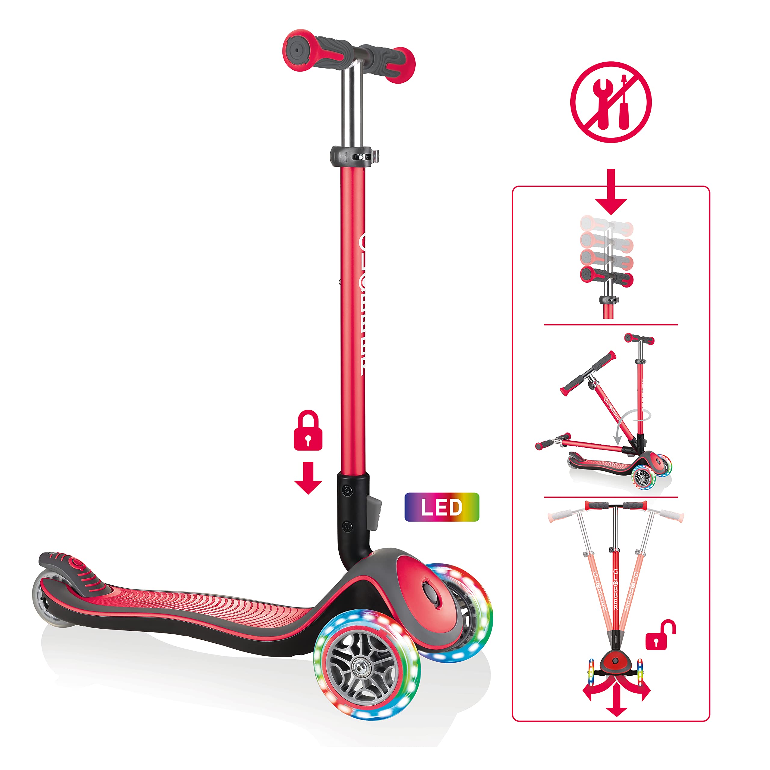 Globber Elite Deluxe with Lights 444-406 Lime Green Kick Scooter, Adjustable Height, LED Light-Up Wheels