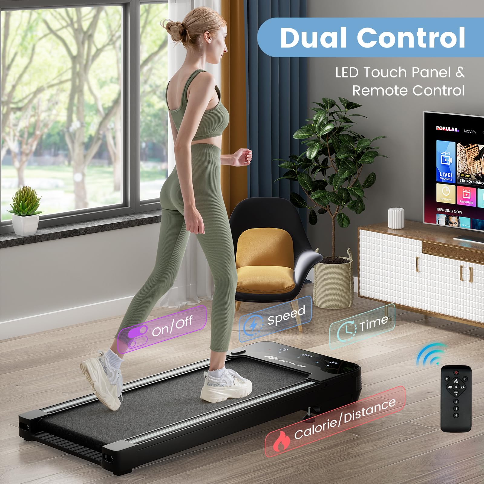 Goplus Under Desk Treadmill, Electric Treadmill Walking Pad with Touchable LED Display and Wireless Remote Control, Built-in 3 Workout Modes and 12 Programs, Running Jogging for Home Office