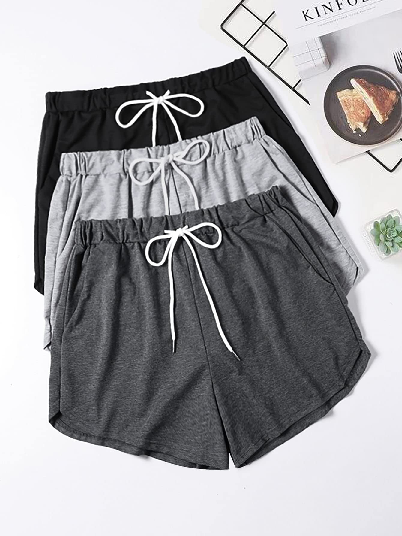 GORGLITTER Women's Plus 3 Piece Casual Sweat Shorts Drawstring Summer Workout Shorts Black and Grey Large Plus
