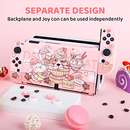 Improved - FANPL Cute Case for Nintendo Switch OLED, Pink PC Protective Cover for Switch OLED Console and Joy Con, Kawaii Skin with Thumb Cap & Screen Protector, Accessory for Girl - Dessert Cat & Dog