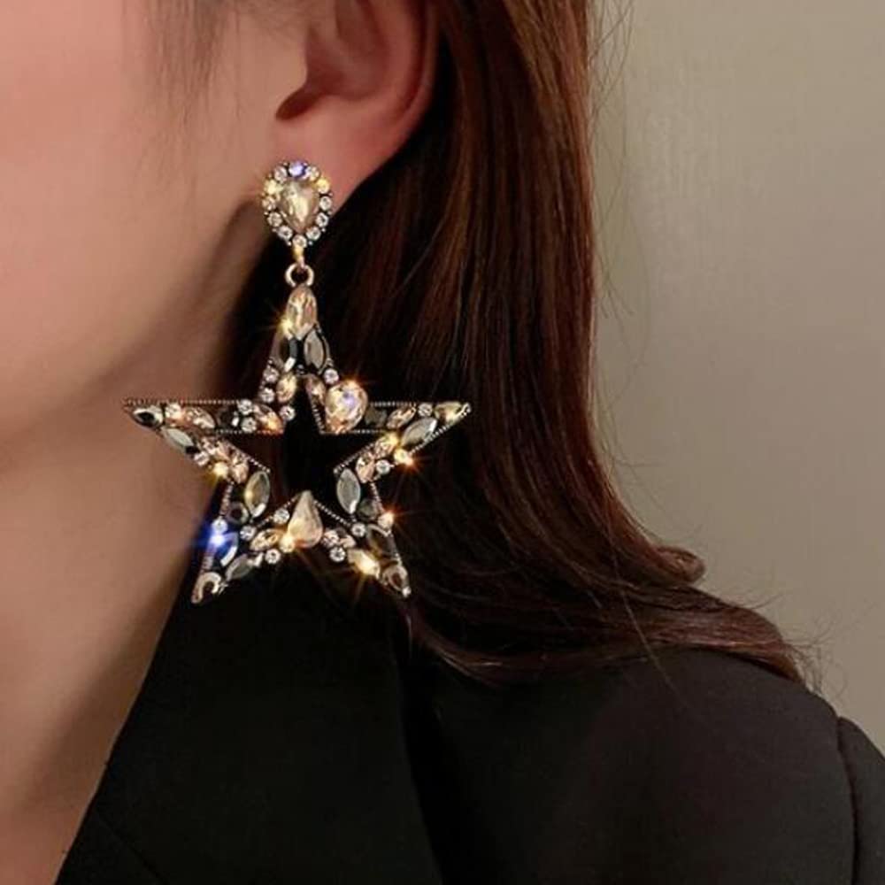 Missgrace Gold Women's Long Sparkling Crystal Drop Earrings Star Rhinestone Dangle Earrings for Bridal Wedding Party Jewelry