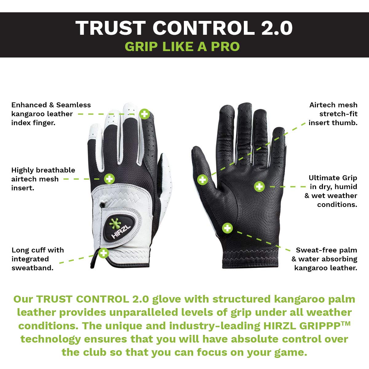 HIRZL Trust Control 2.0 – Men's All-Weather Golf Glove (White/Black) | Kangaroo Leather Palm | Cabretta Leather Backhand - Trusted by Pro’s, Medium, Worn Left Hand (Pack of 5)