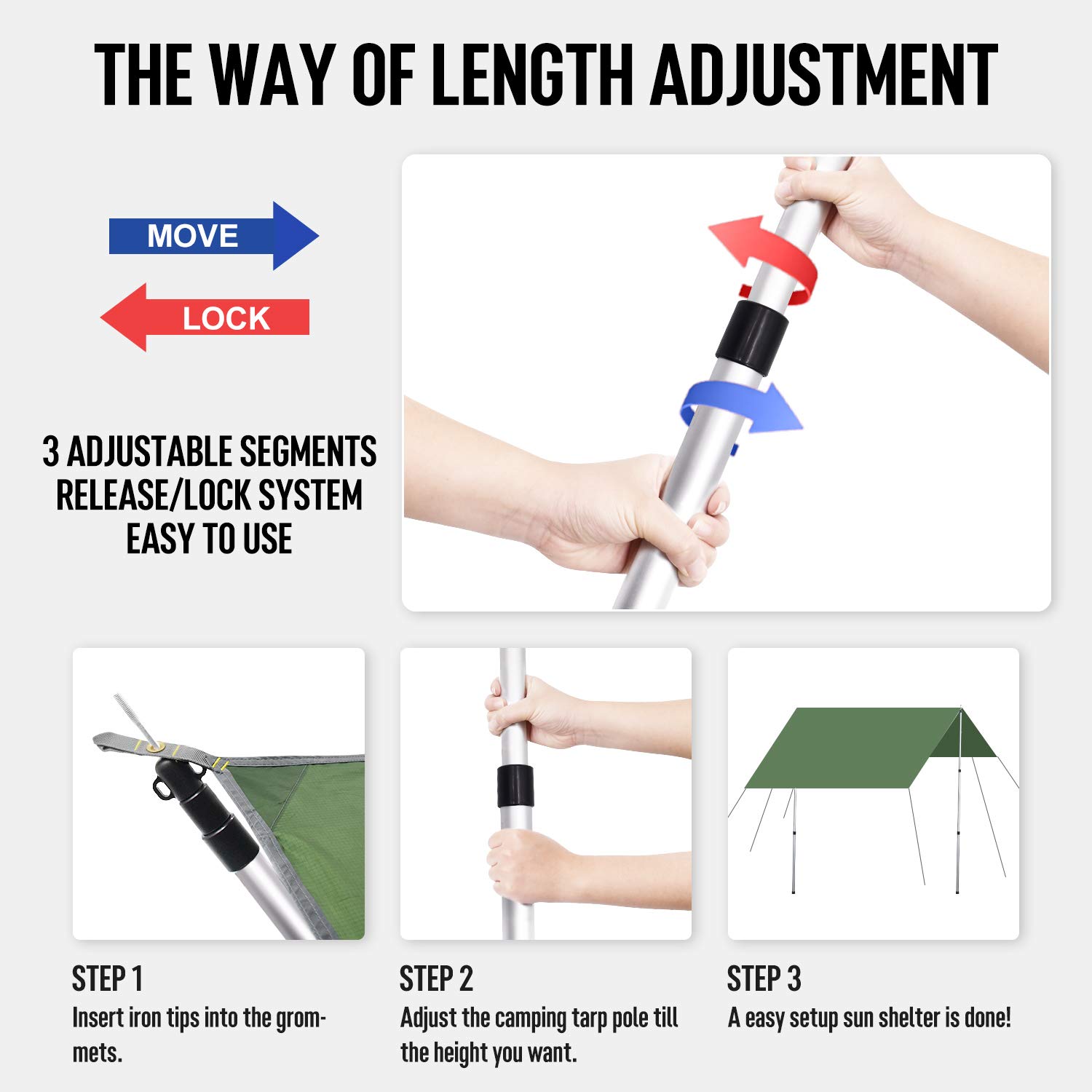 Grassman Aluminum Tarp Poles for Tent, Adjustable Lightweight Camping Telescoping Poles for Car Canopy, Shelter, Tarp 2 Pack 8.2ft