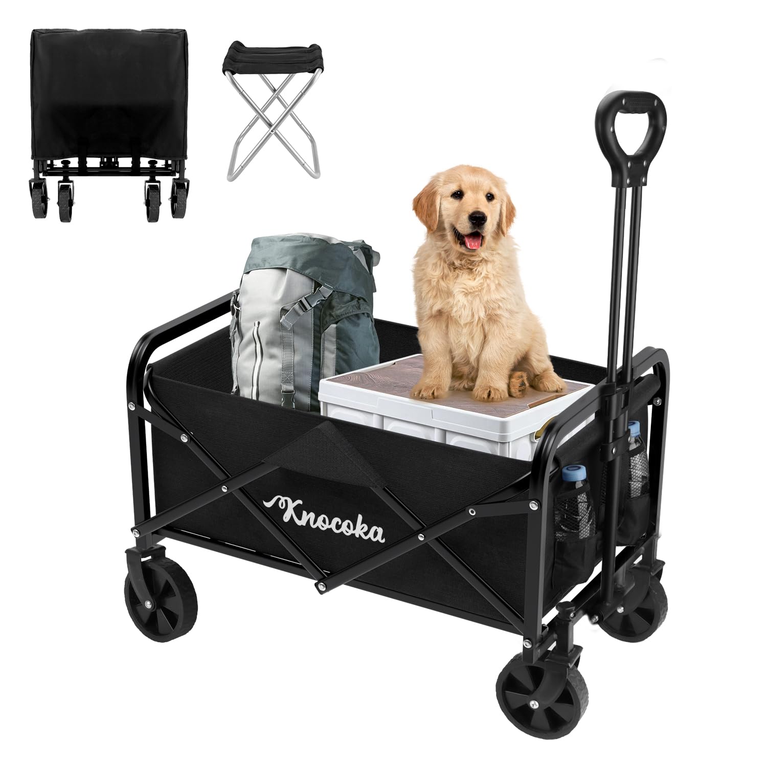 Knocoka Collapsible Folding Utility Wagon, Portable Heavy Duty Folding Wagon with 2 Drink Holders, Outdoor Collapsible Wagon for Sports, Shopping, Camping